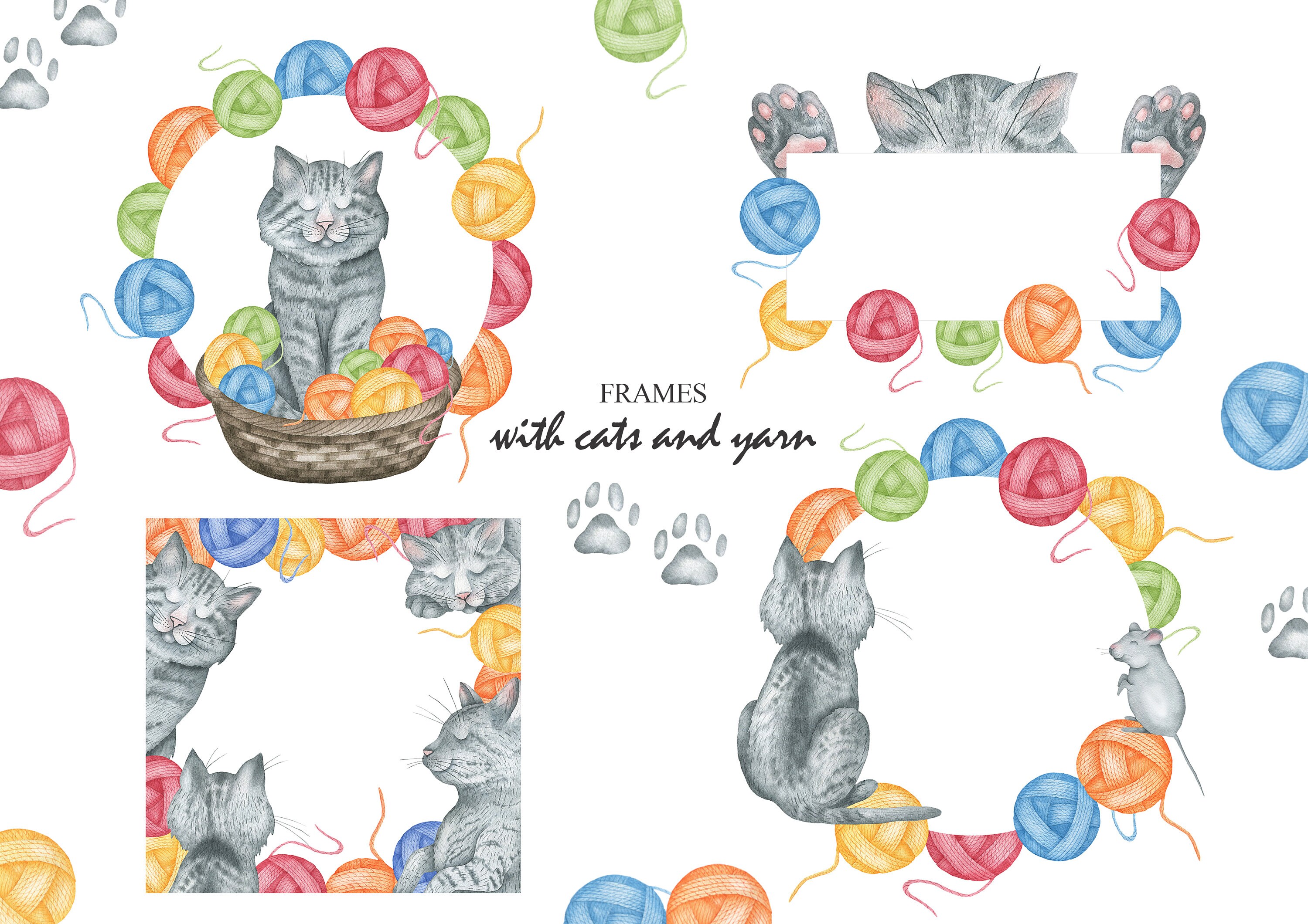 Watercolor Cats and Yarn Clipart, Kittens Clip Art, Pet Portrait ...