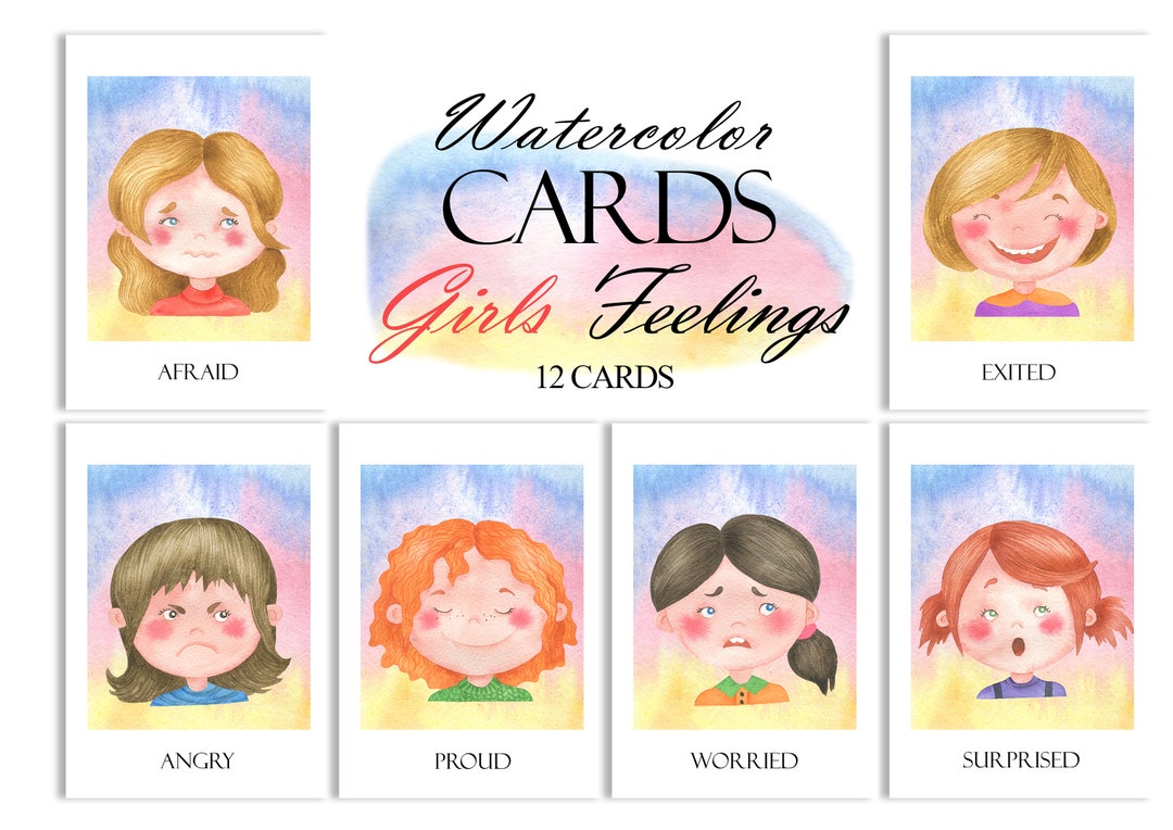 Watercolor Feelings Flash Cards, Girls Emotions Cards, Montessori ...