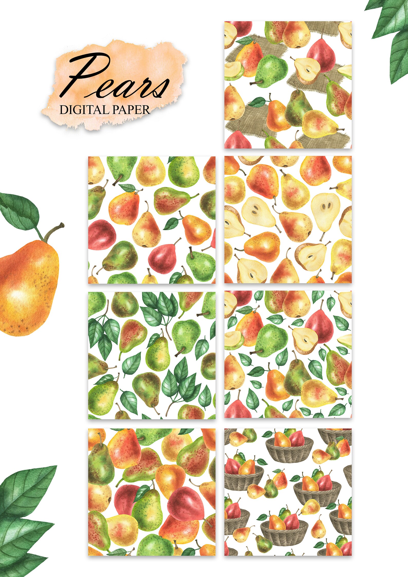 Watercolor Pears Digital Paper Pear Seamless Pattern Fruit - Etsy
