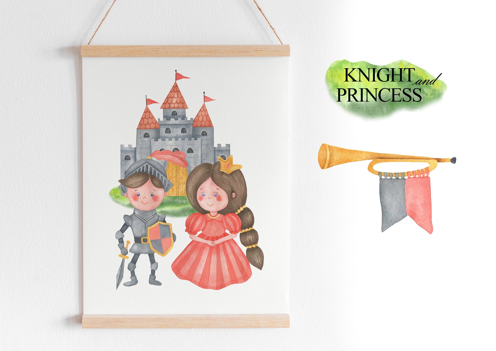 Watercolor Knight and Princess Clipart, Dragon and Castle Clip Art ...