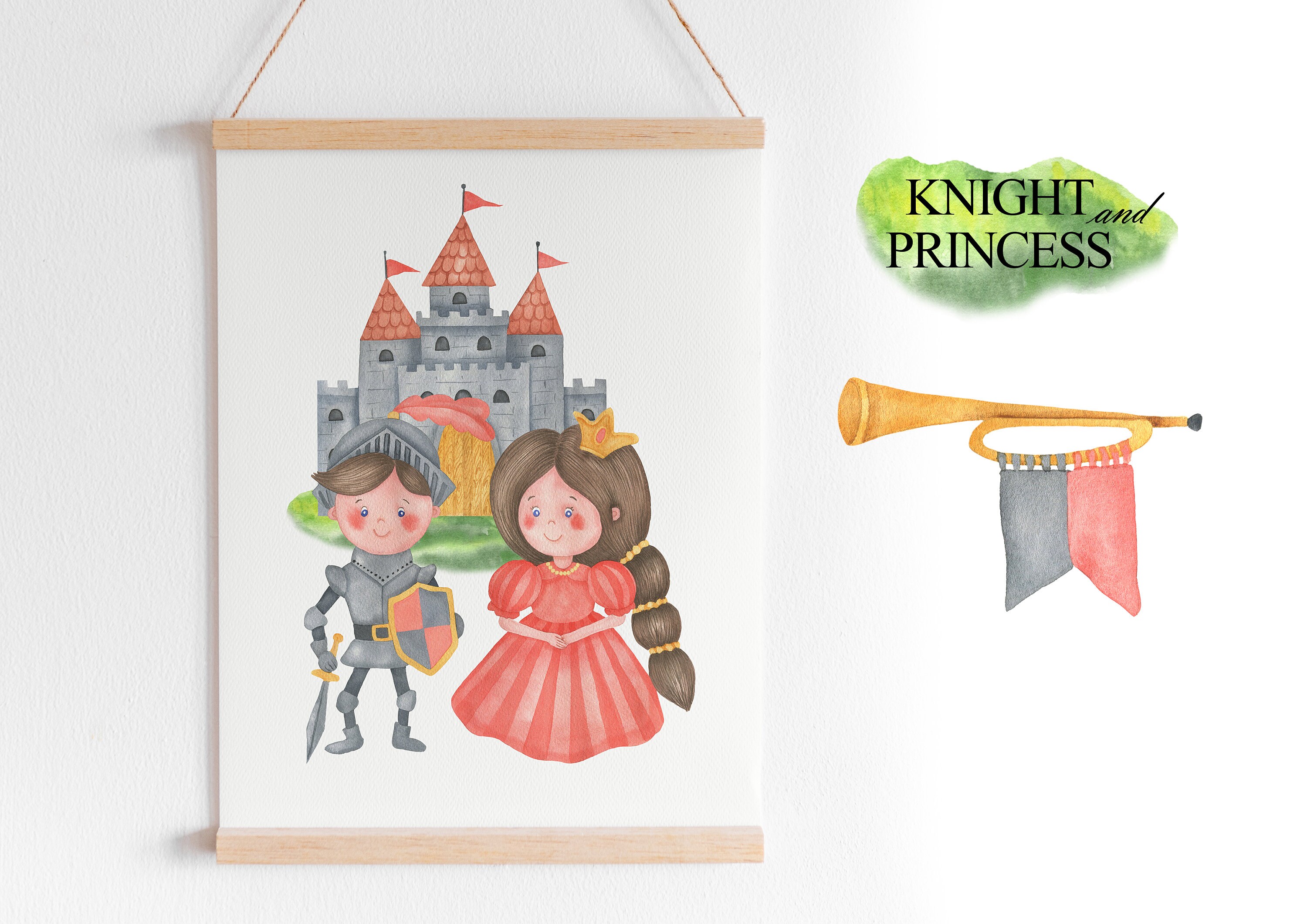 Watercolor Knight and Princess Clipart, Dragon and Castle Clip Art ...