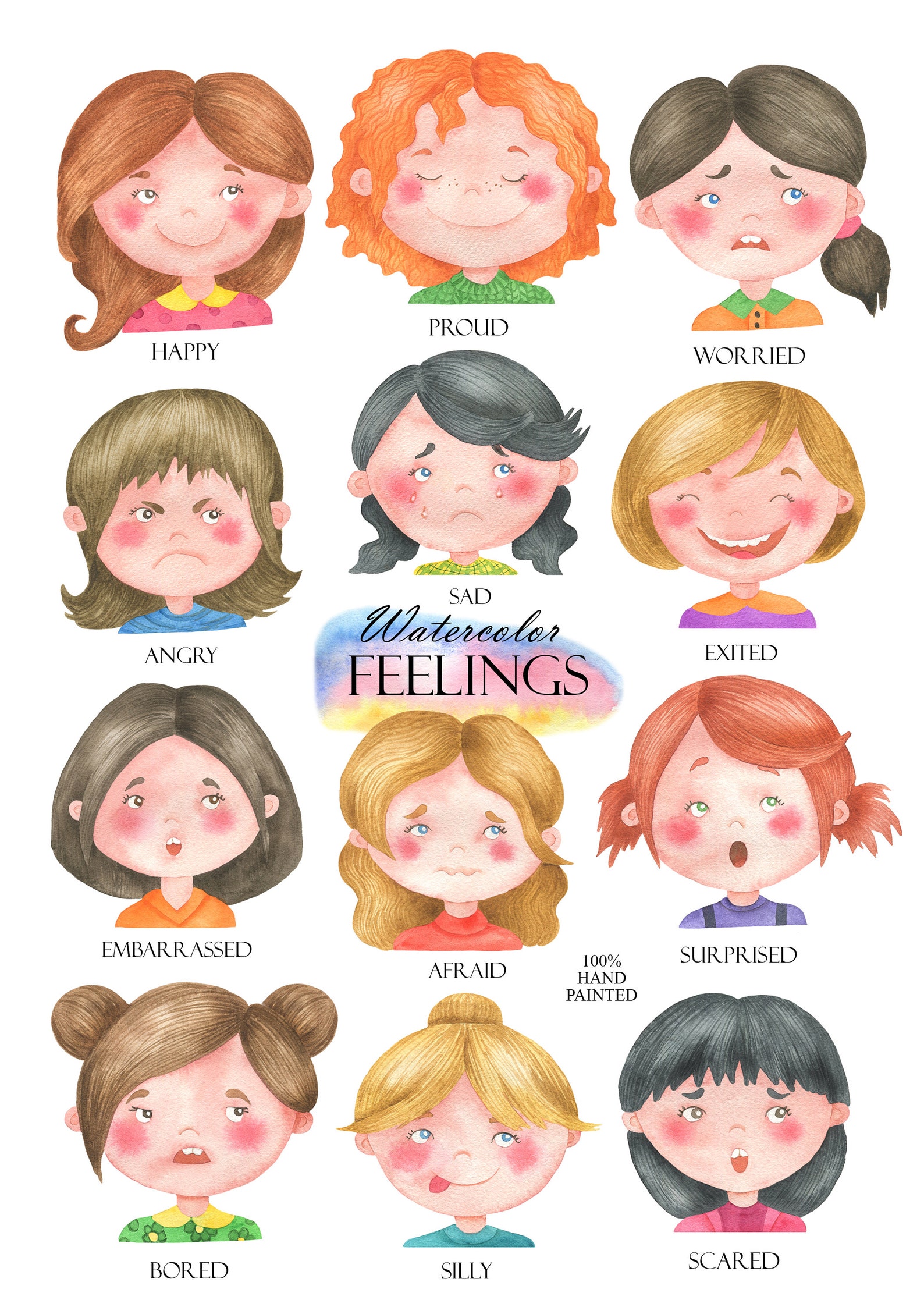 Watercolor Emotions Clipart, Feelings Clip Art, Girl Faces, Montessori ...
