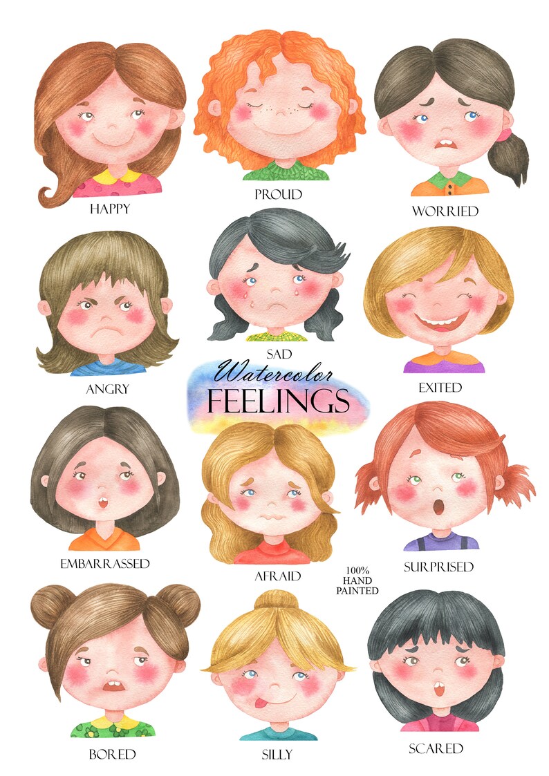 Watercolor Emotions Clipart, Feelings Clip Art, Girl Faces, Montessori ...