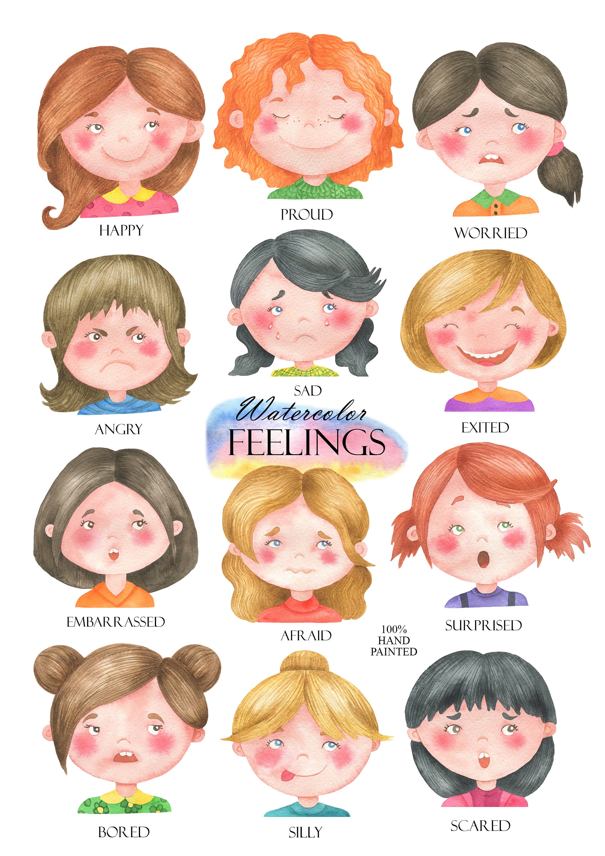 Watercolor Emotions Clipart, Feelings Clip Art, Girl Faces, Montessori ...