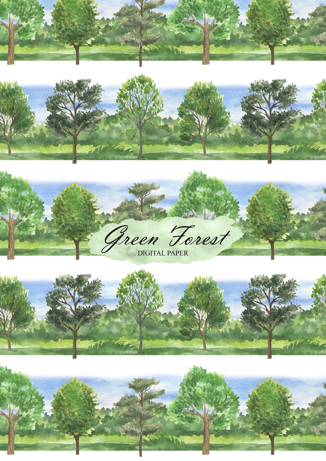 Green Forest Digital Paper, Watercolor Woodland Pine Trees Landscapes ...