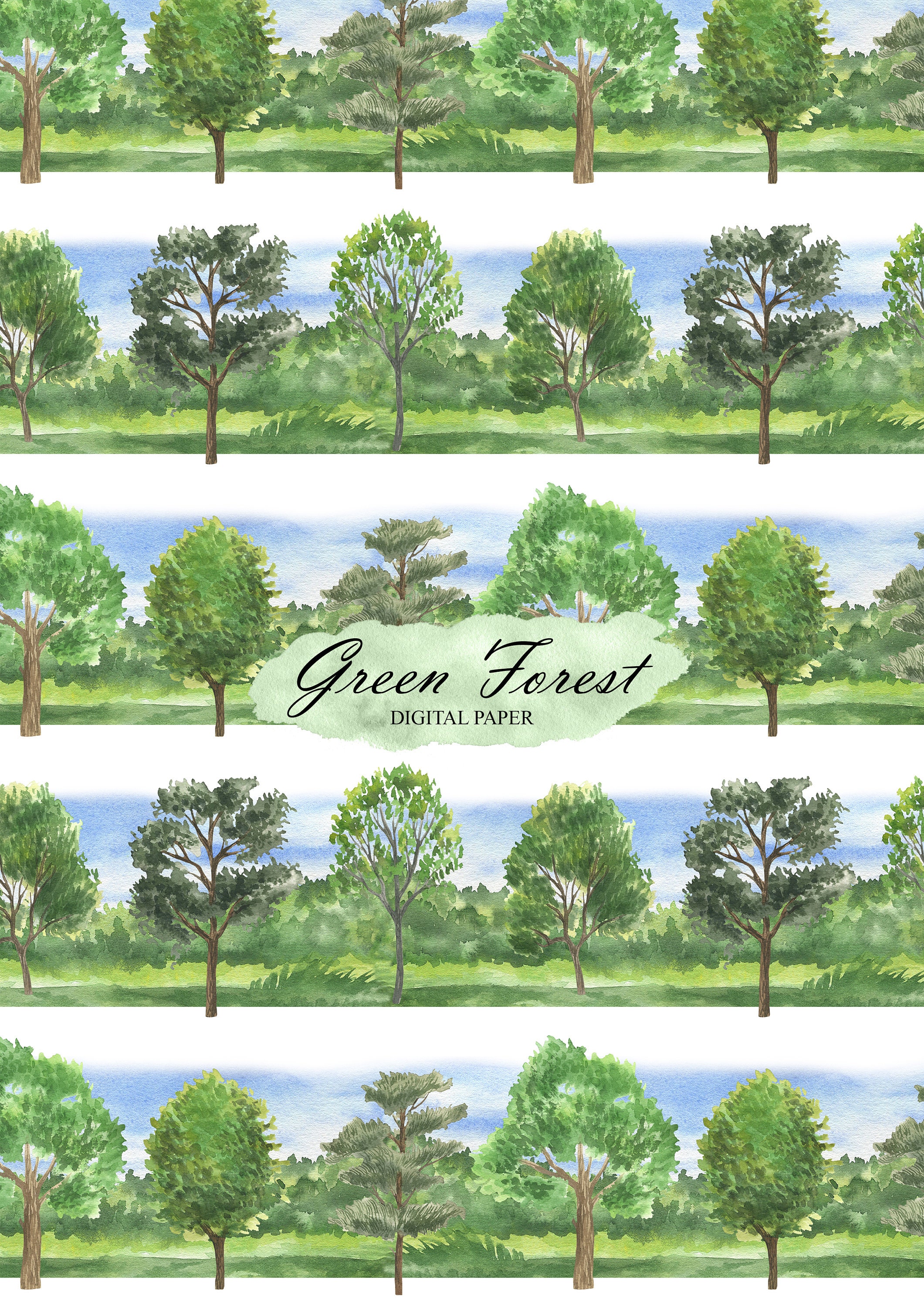 Green Forest Digital Paper, Watercolor Woodland Pine Trees Landscapes ...