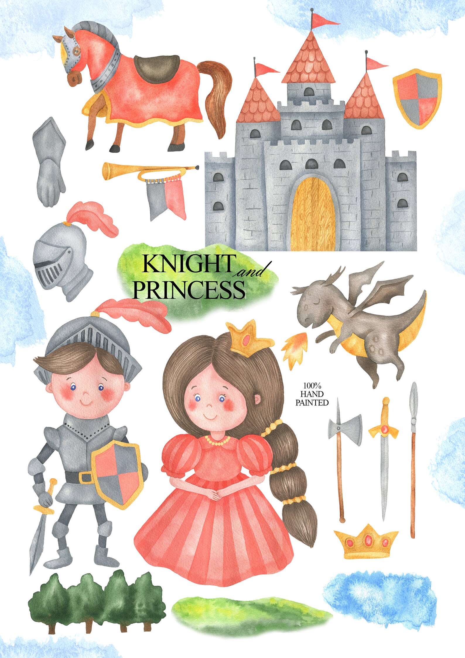 Watercolor Knight and Princess Clipart, Dragon and Castle Clip Art ...