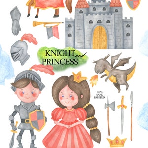 Watercolor Knight and Princess Clipart, Dragon and Castle Clip Art ...