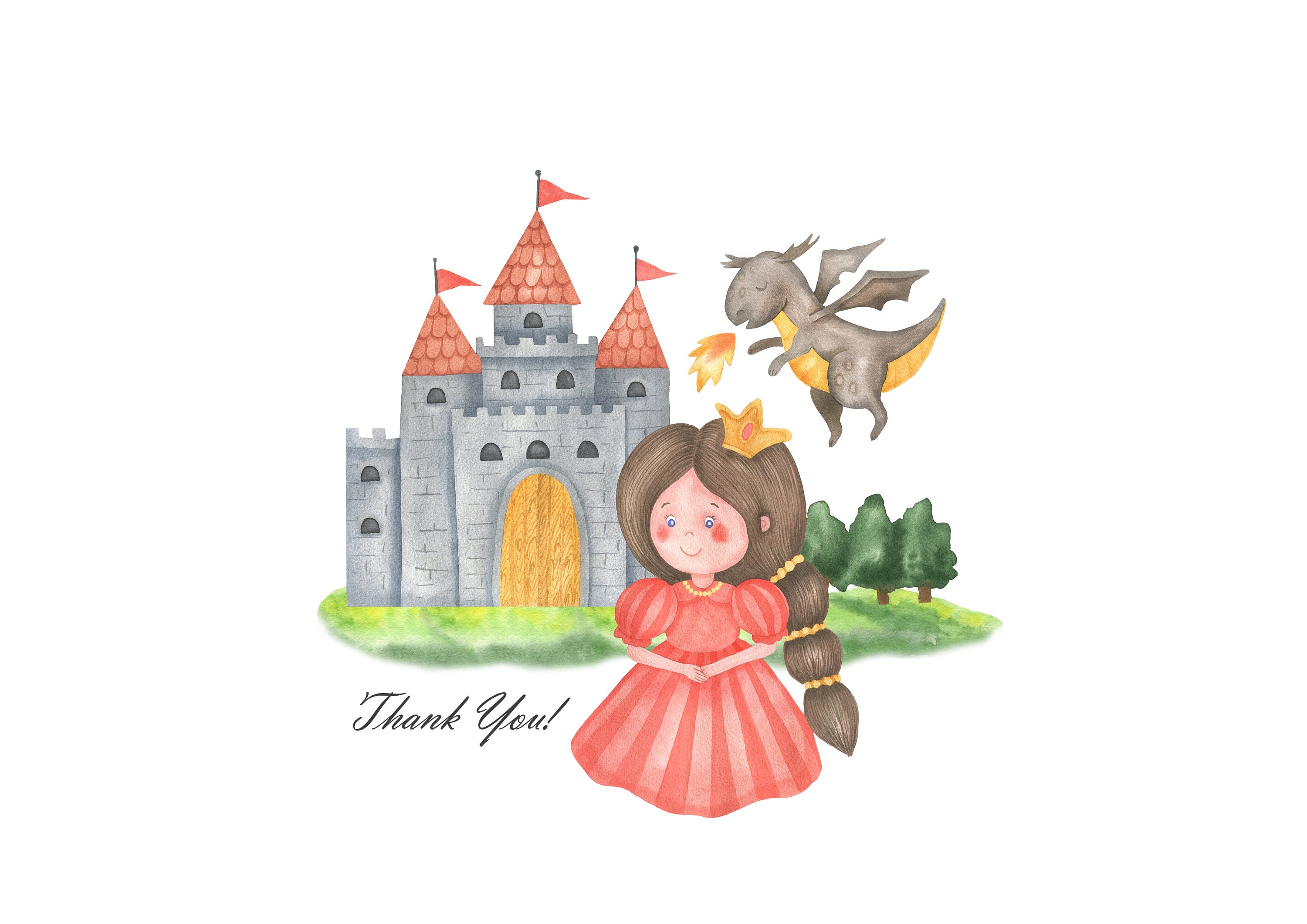Watercolor Knight and Princess Clipart, Dragon and Castle Clip Art ...