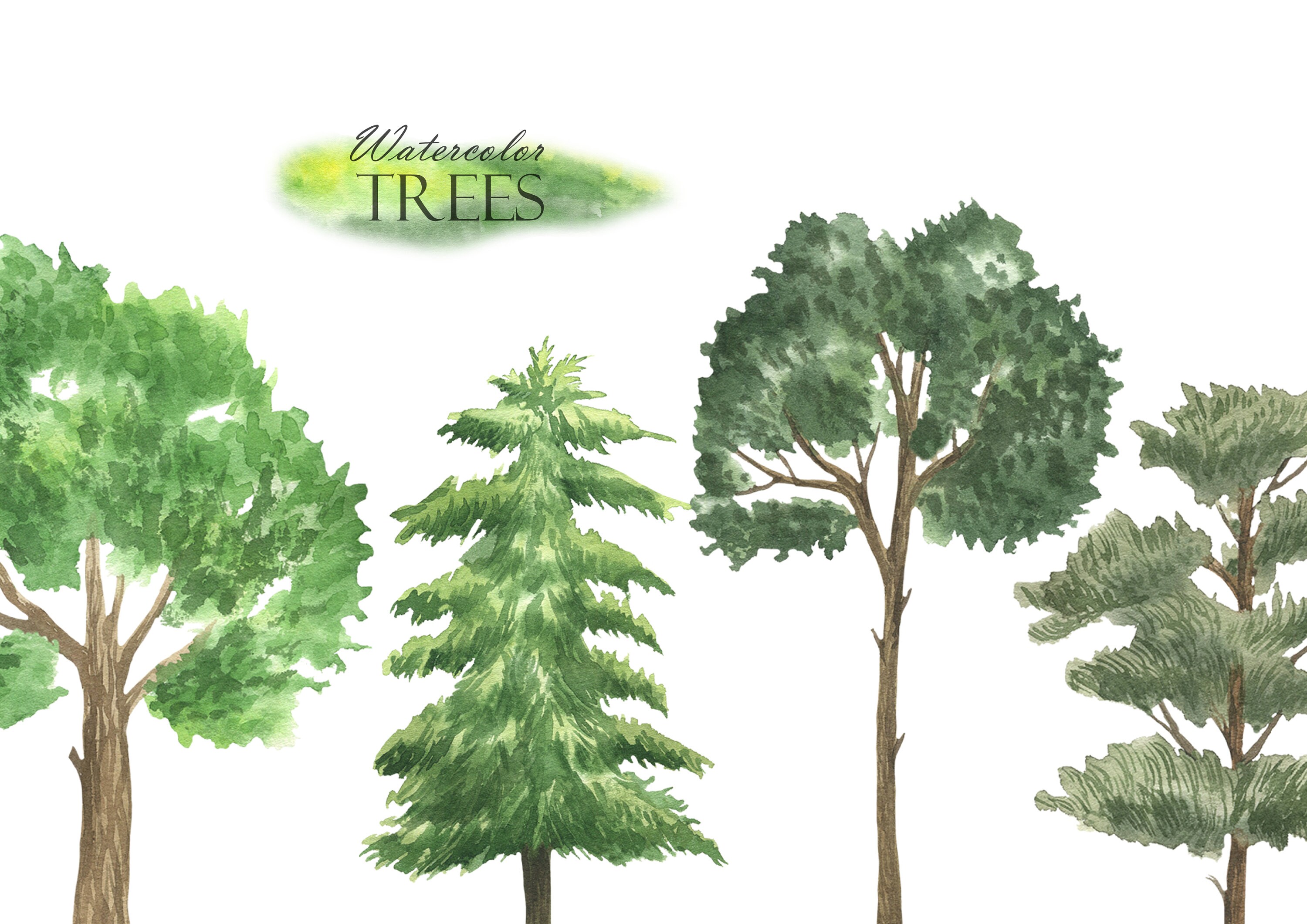 Green Trees Watercolor Clipart Forest Tree Landscape Clipart - Etsy