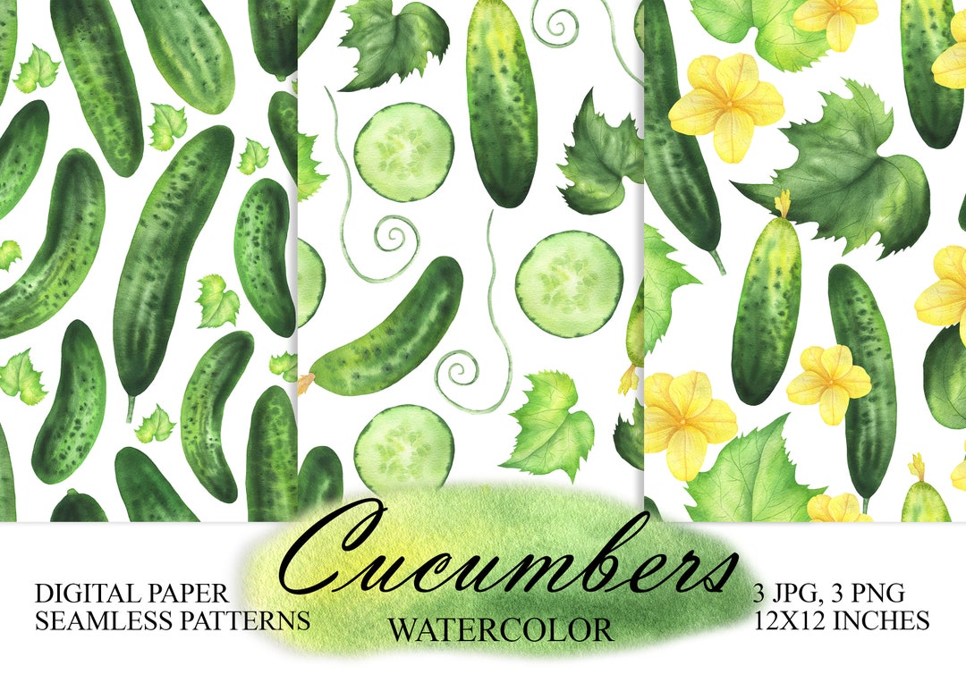 Watercolor сucumbers Digital Paper, Cucumber Seamless Pattern Pack ...