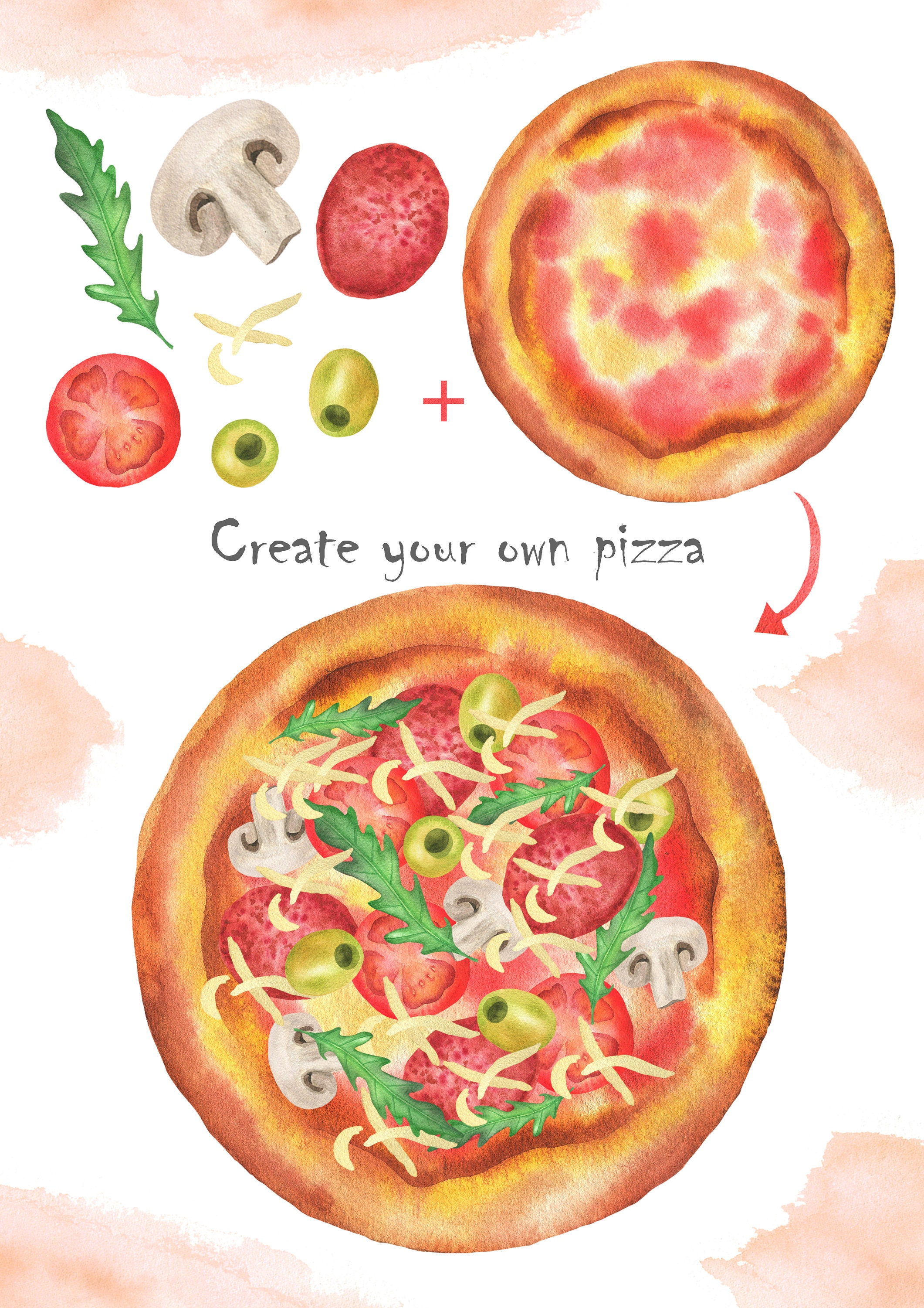 Watercolor Pizza Clipart, Pizza Ingredients Clip Art, Make Your Own ...
