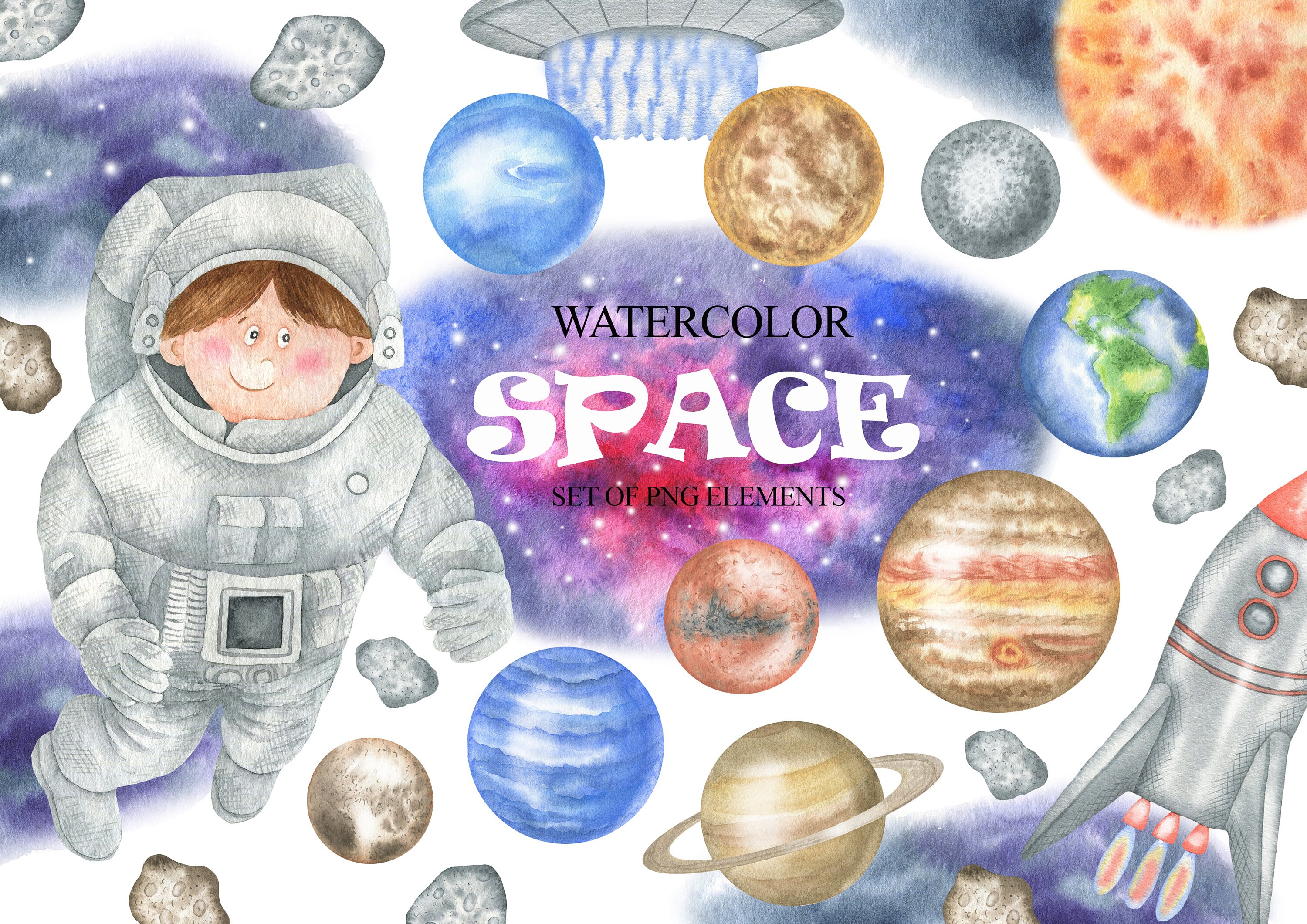 Outer Space Clipart, Watercolor Solar System, Galaxy and Cosmonaut Clip ...