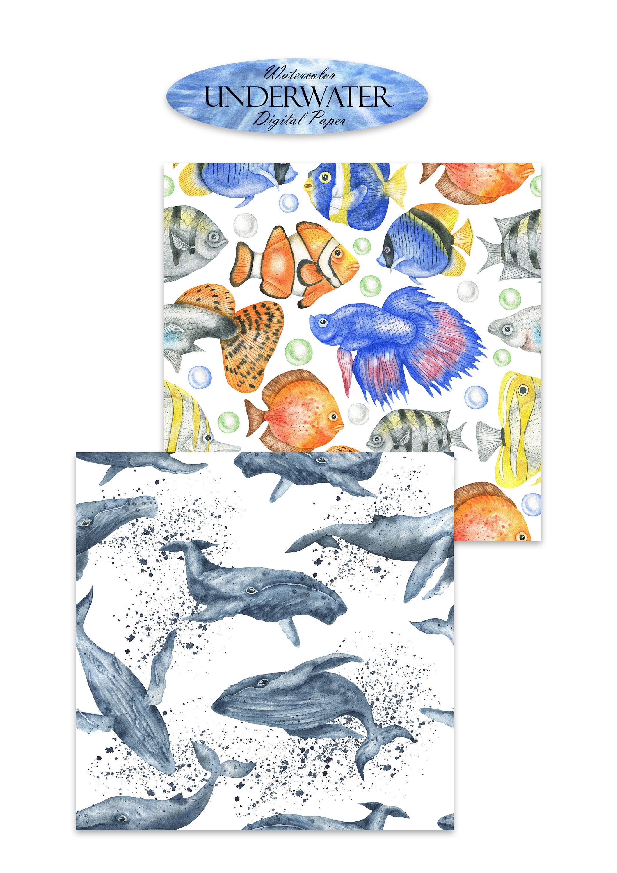 Watercolor Underwater Digital Paper, Whale Digital Paper, Sea Creatures ...
