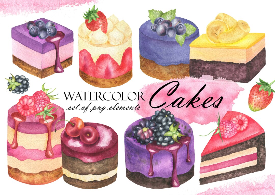 Watercolor Cake Clipart, Sweet Dessert Clip Art, Baking, Pastry, Bakery ...