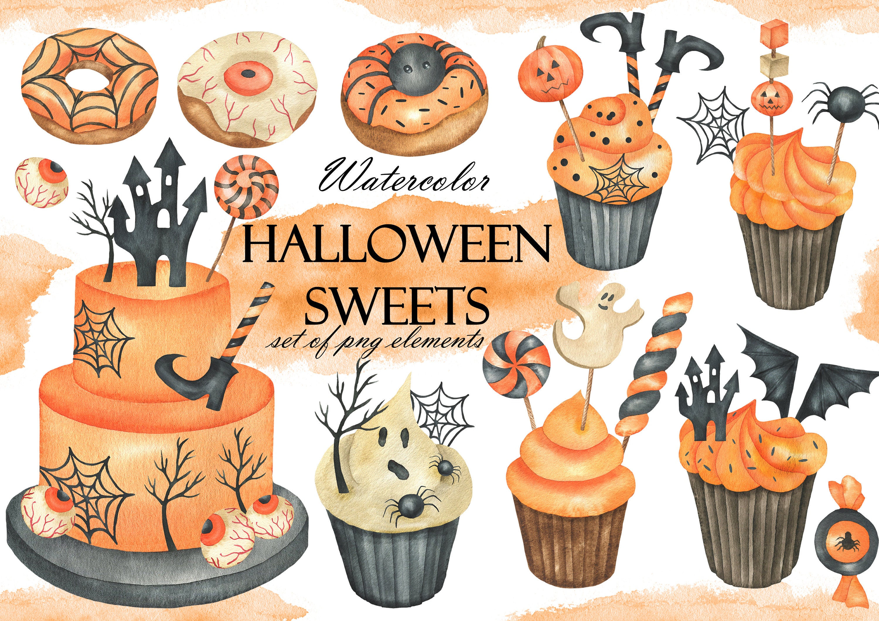 Watercolor Halloween Sweets Clipart, Halloween Party Clip Art, Holiday ...