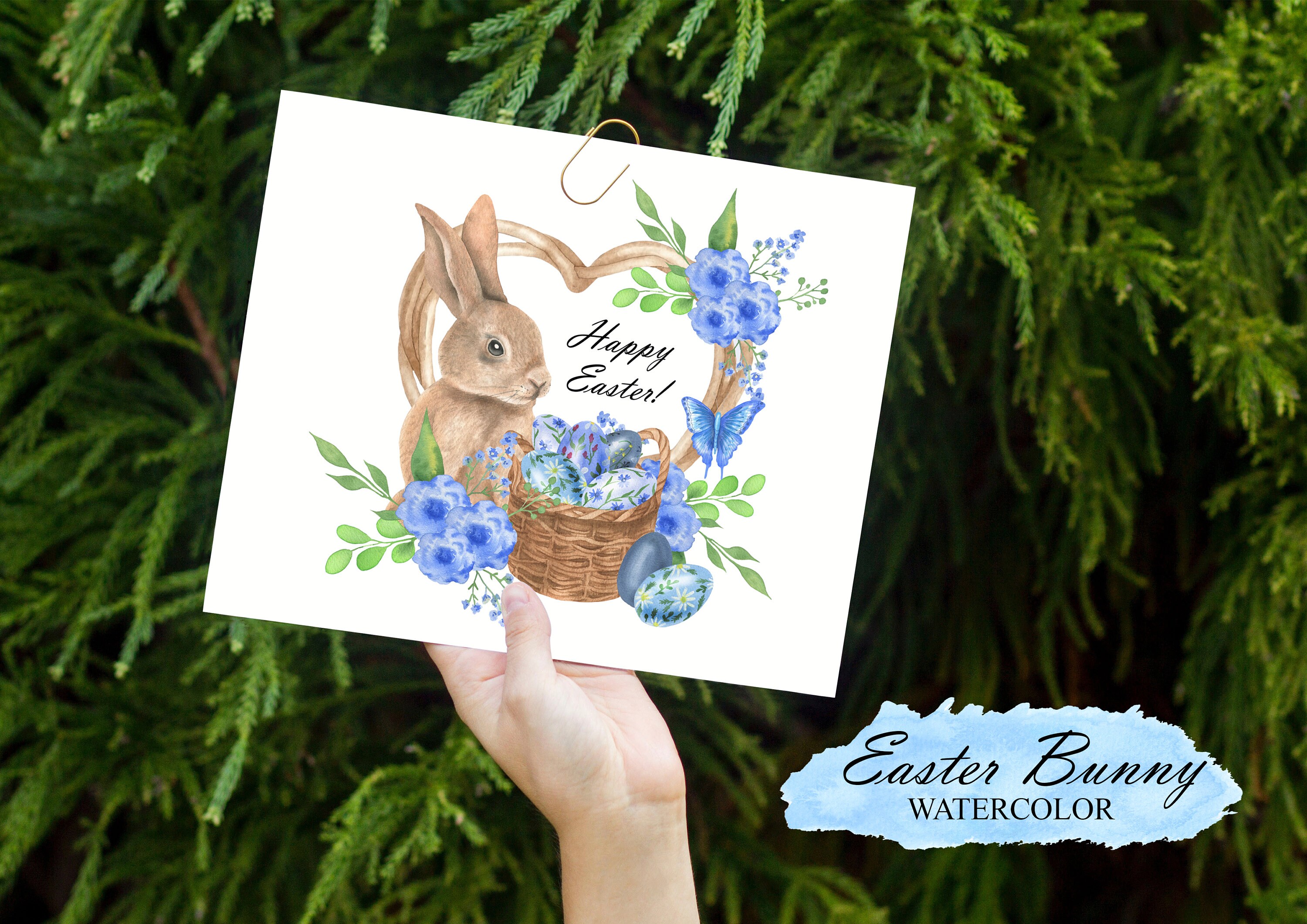 Watercolor Easter Bunny and Basket Clipart, Spring Bunnies, Set of ...
