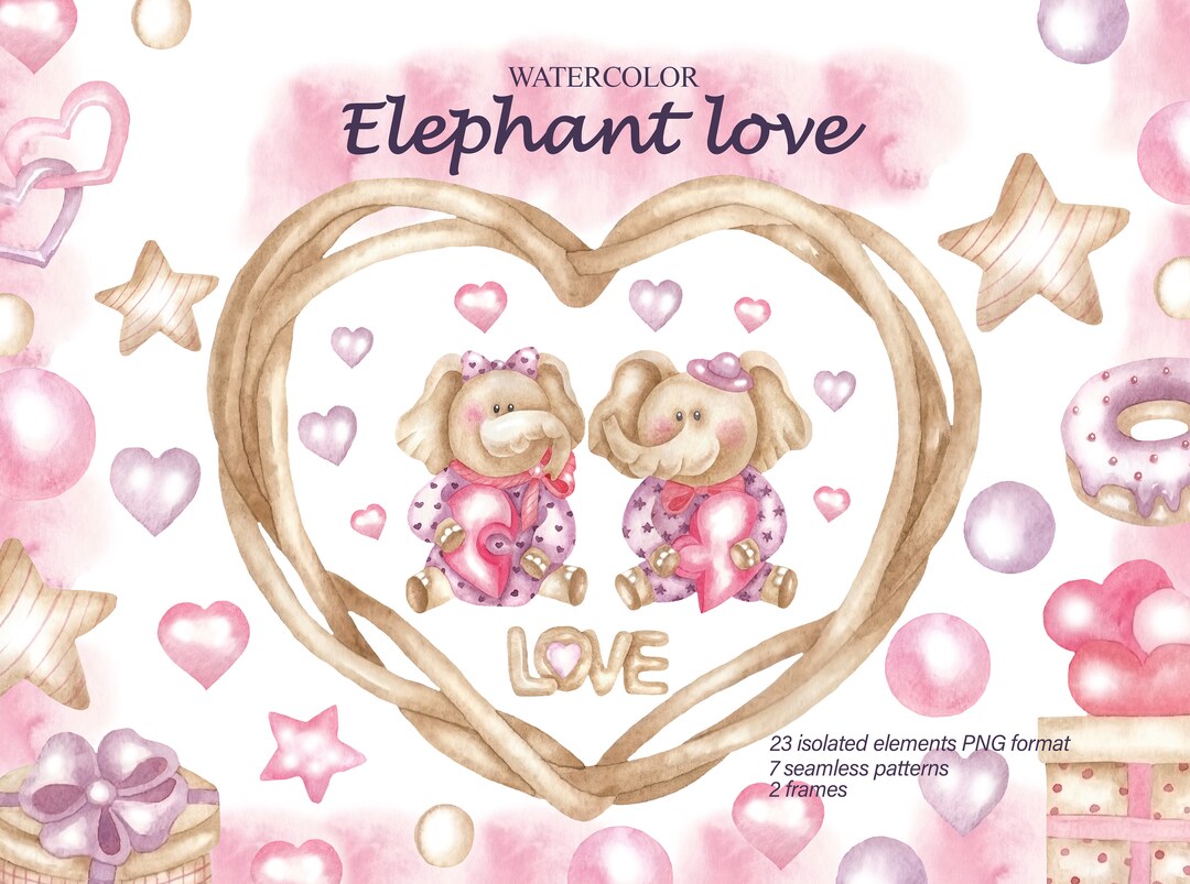 Watercolor Love Elephant Clipart, Valentine Day Clip Art, Love Animals ...