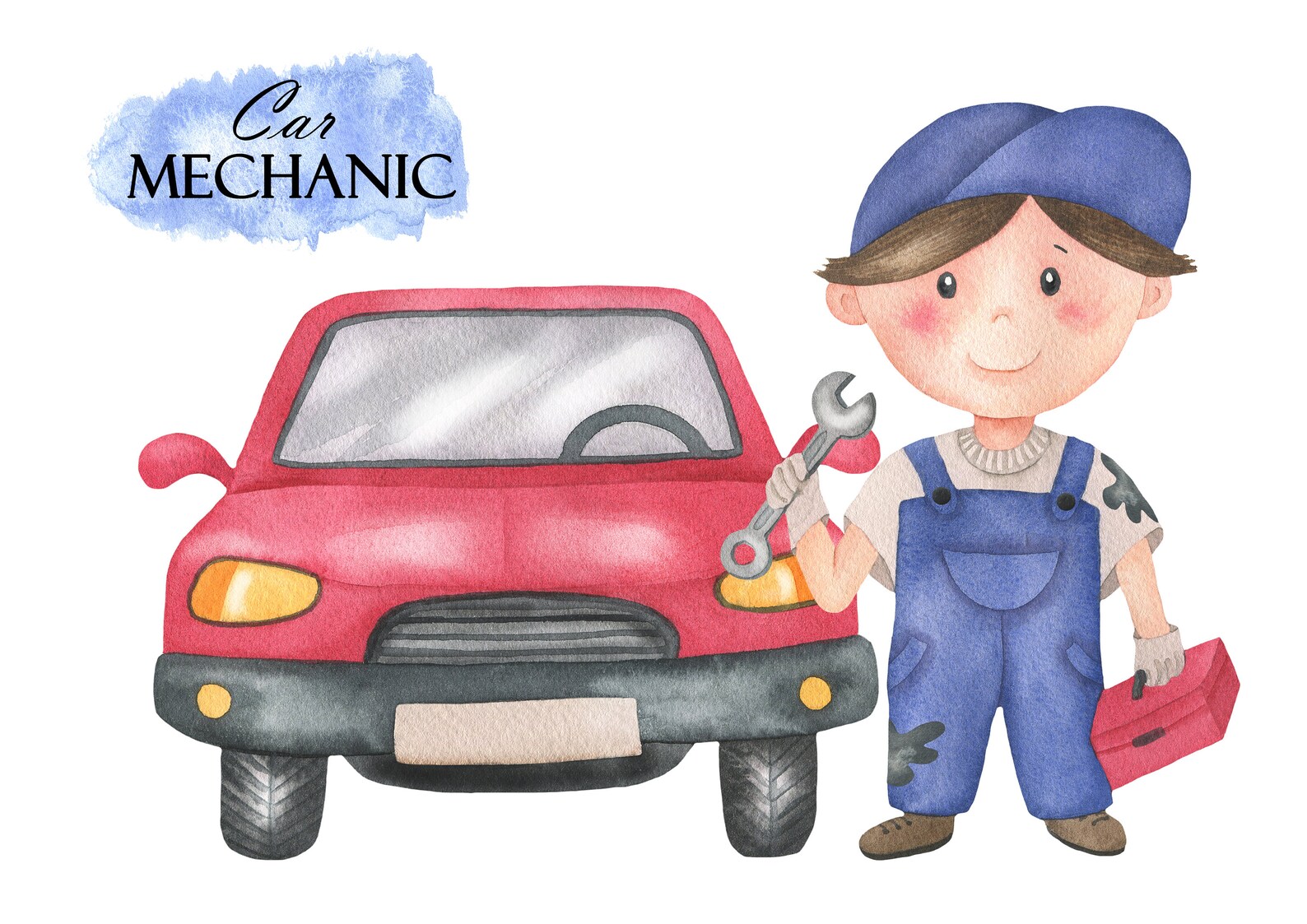 Watercolor Car Mechanic Clipart, Auto Mechanic Clip Art, Car Repair ...