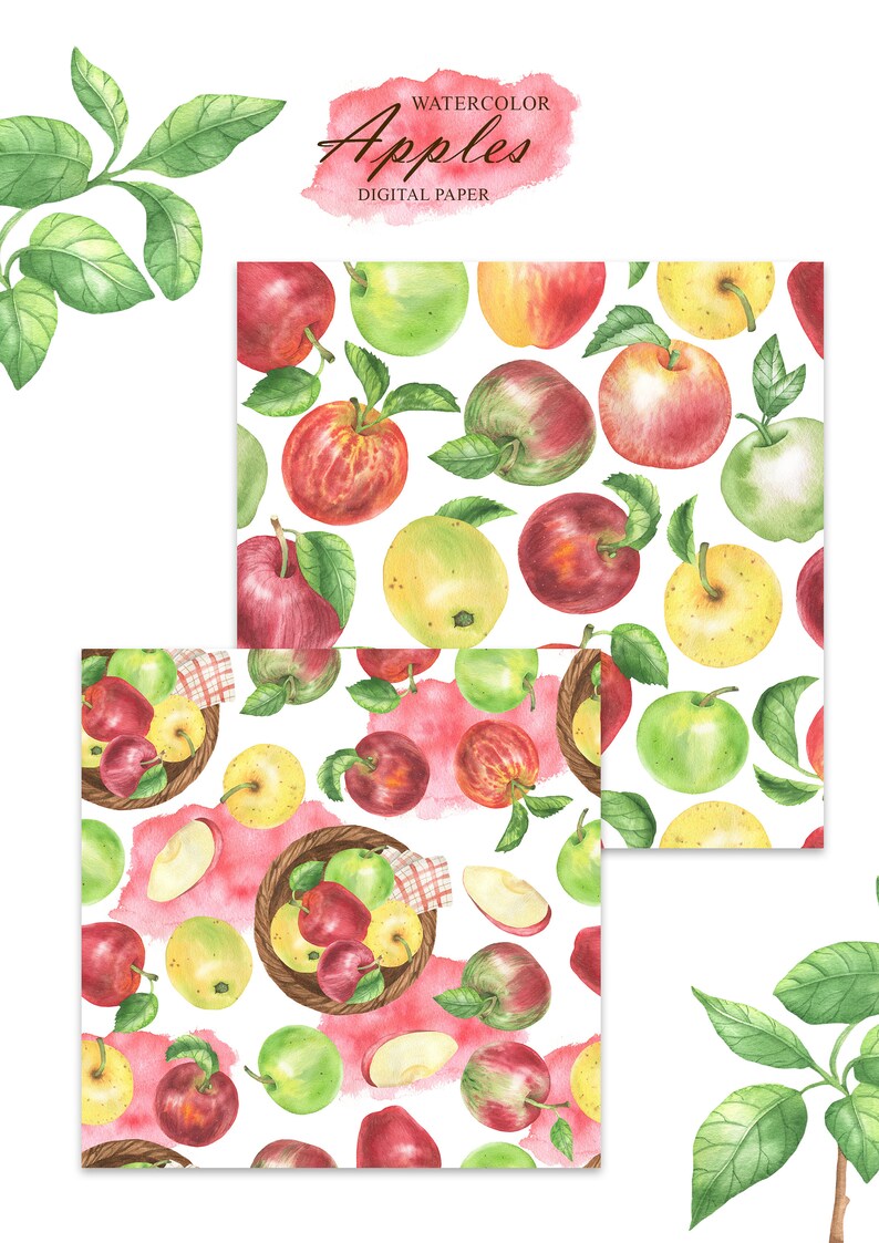 Watercolor Apples Digital Paper Apple Seamless Pattern Fruit | Etsy