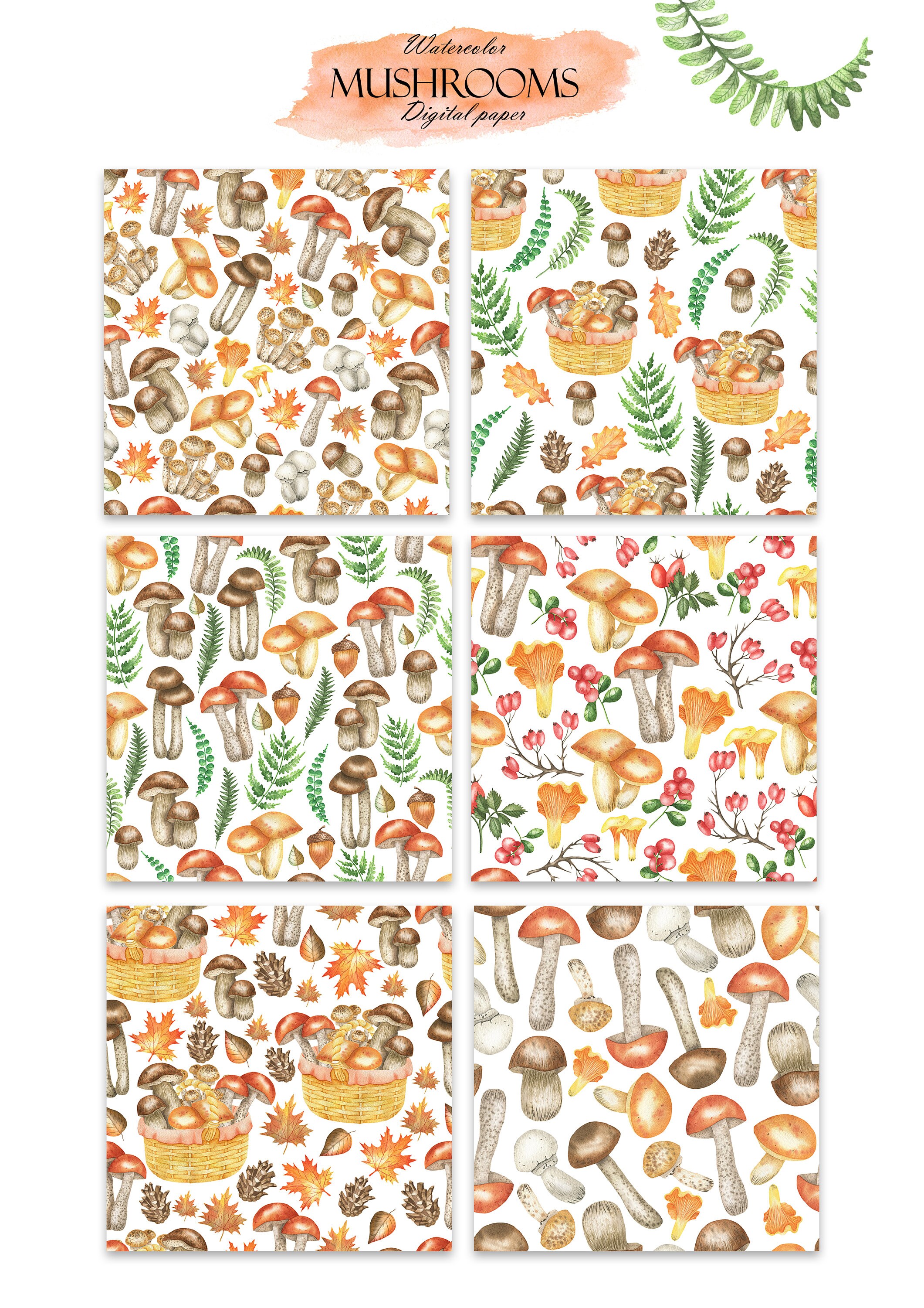 Watercolor Mushroom Digital Paper, Mushrooms Seamless Pattern, Forest ...