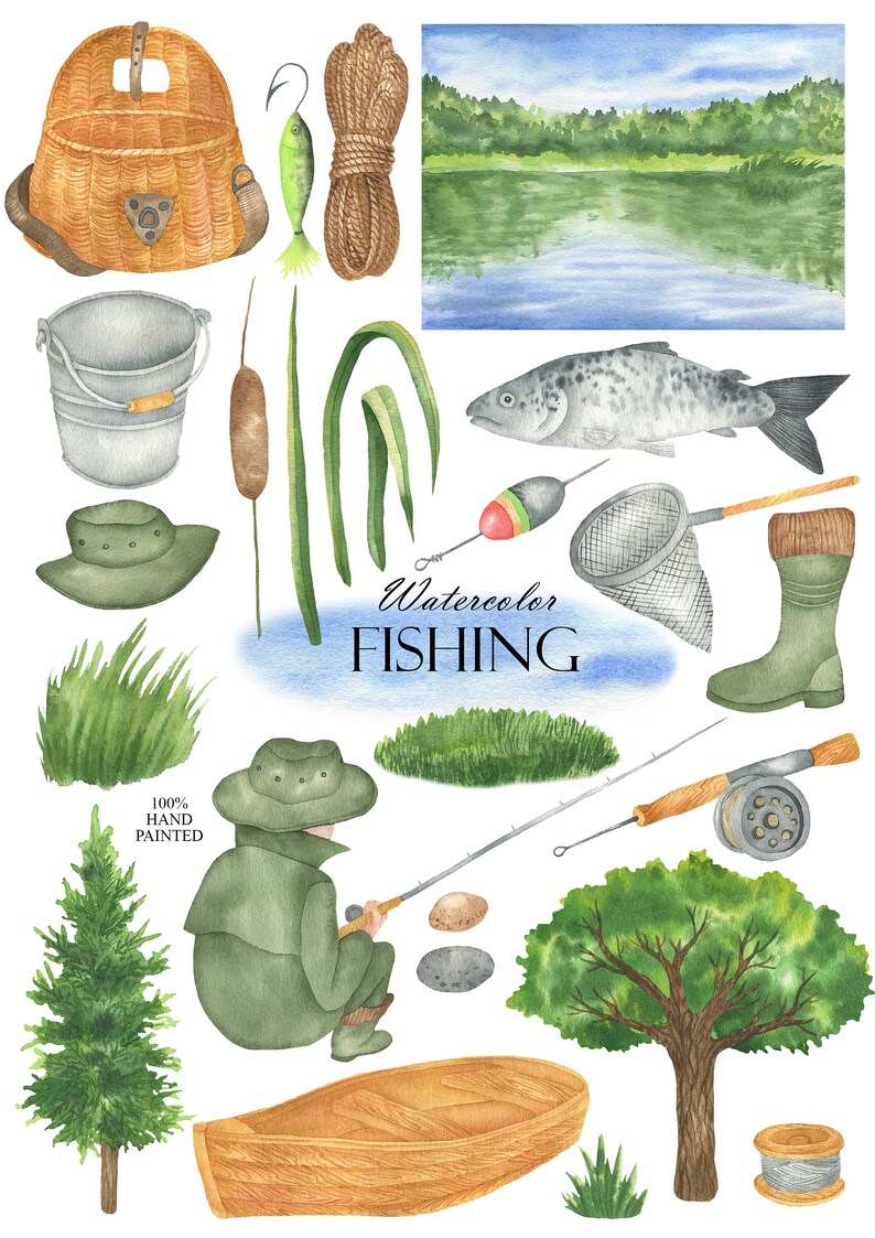 Watercolor Fishing Clipart, Summer Outdoors Activities, Lake Landscapes ...