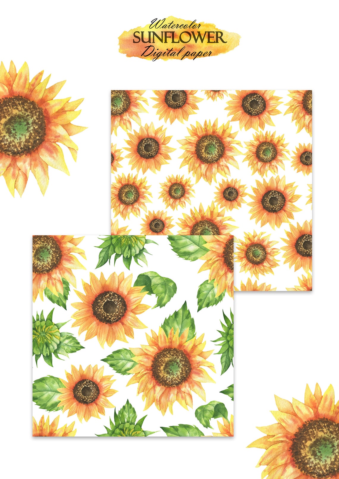 Watercolor Sunflowers Digital Paper Pack, Seamless Patterns, Textile ...