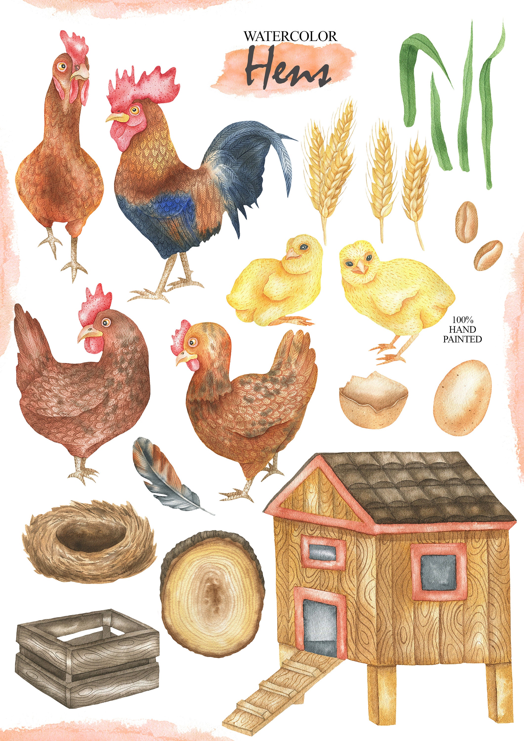Watercolor Hens and Chickens Clipart, Farm Animals Clipart, Rooster ...