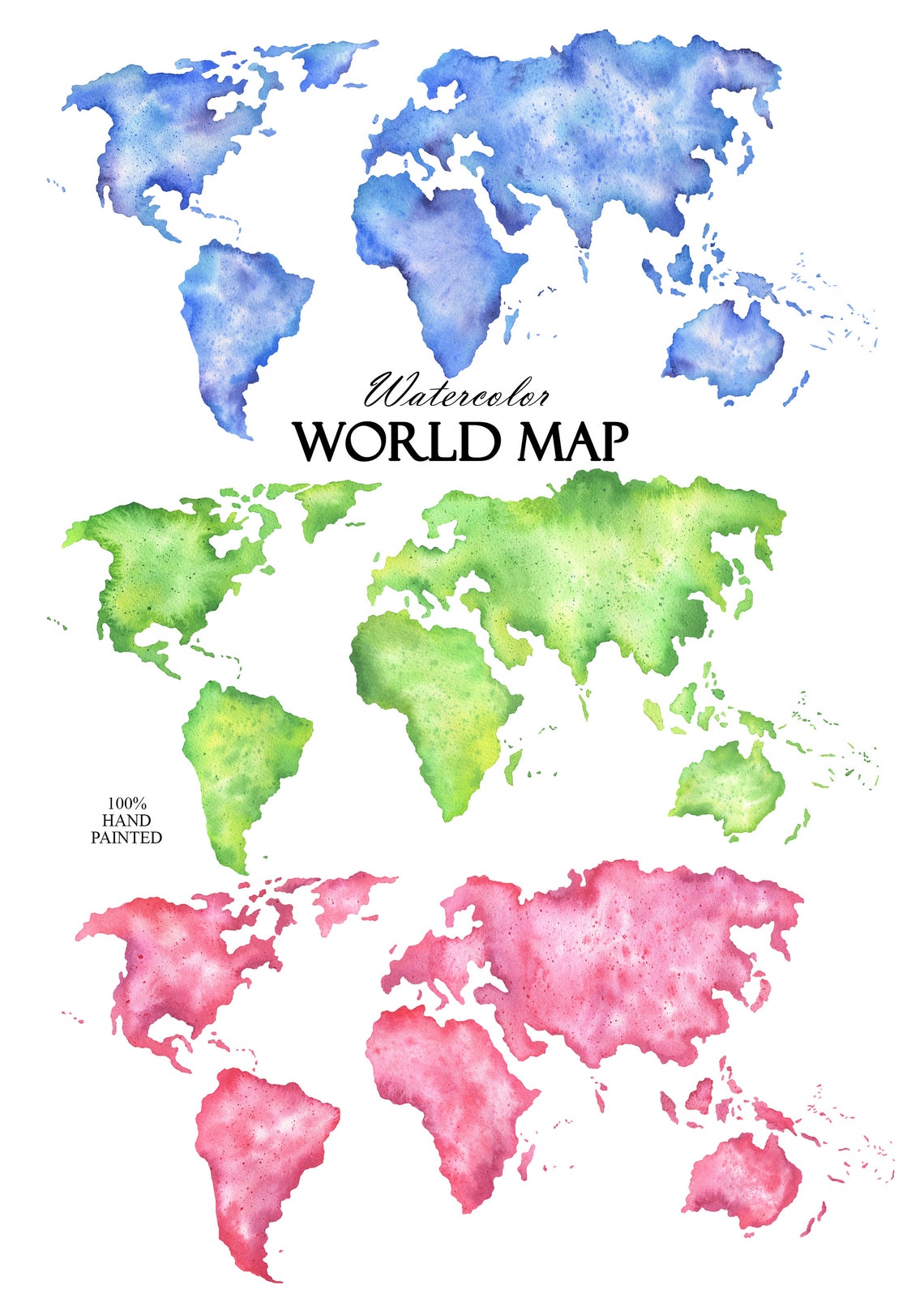 Watercolor World Map Clipart, Watercolor Continents Clip Art, Pink ...