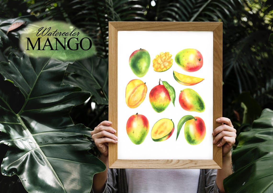 Mango Watercolor Clipart, Mango Clip Art, Slices of Mango, Fresh Fruit ...