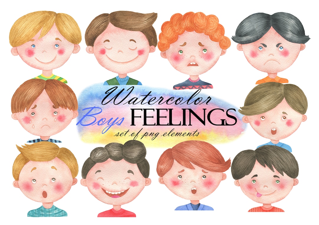 Watercolor Emotions Clipart, Feelings Clip Art, Boy Faces, Montessori ...