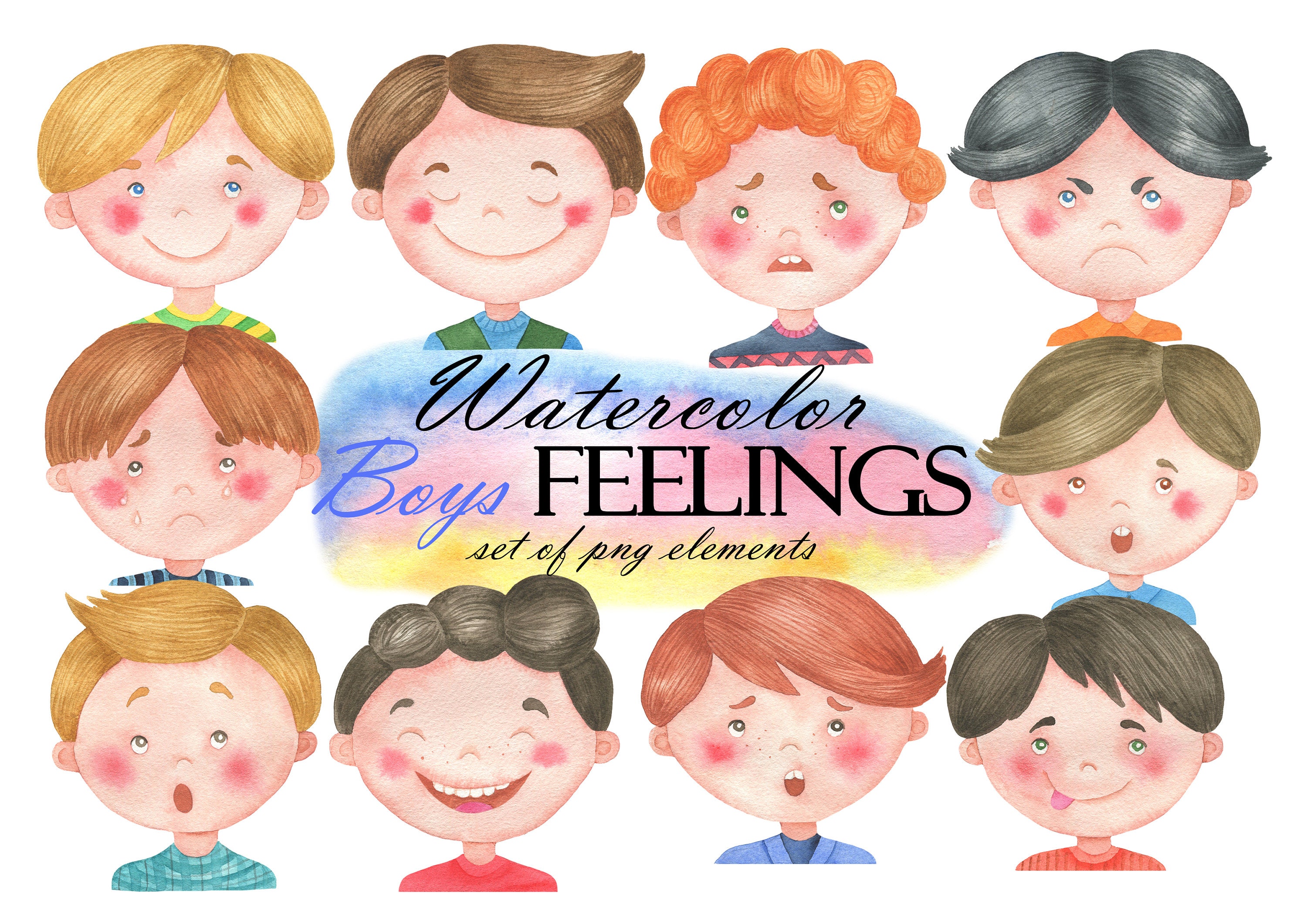Watercolor Emotions Clipart, Feelings Clip Art, Boy Faces, Montessori ...