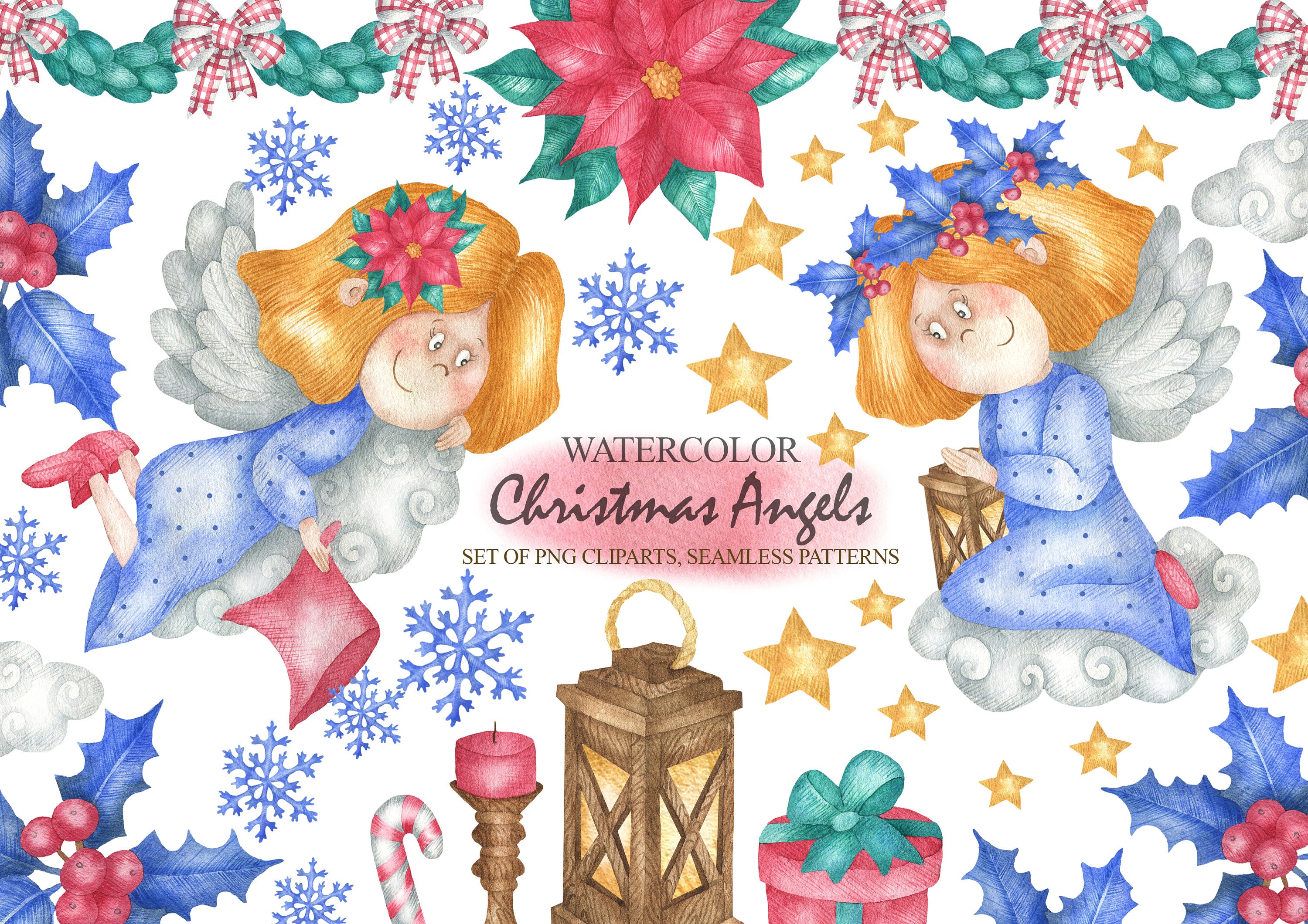 Watercolor Christmas Angels Clipart, Winter Clipart, Snowflakes Png ...
