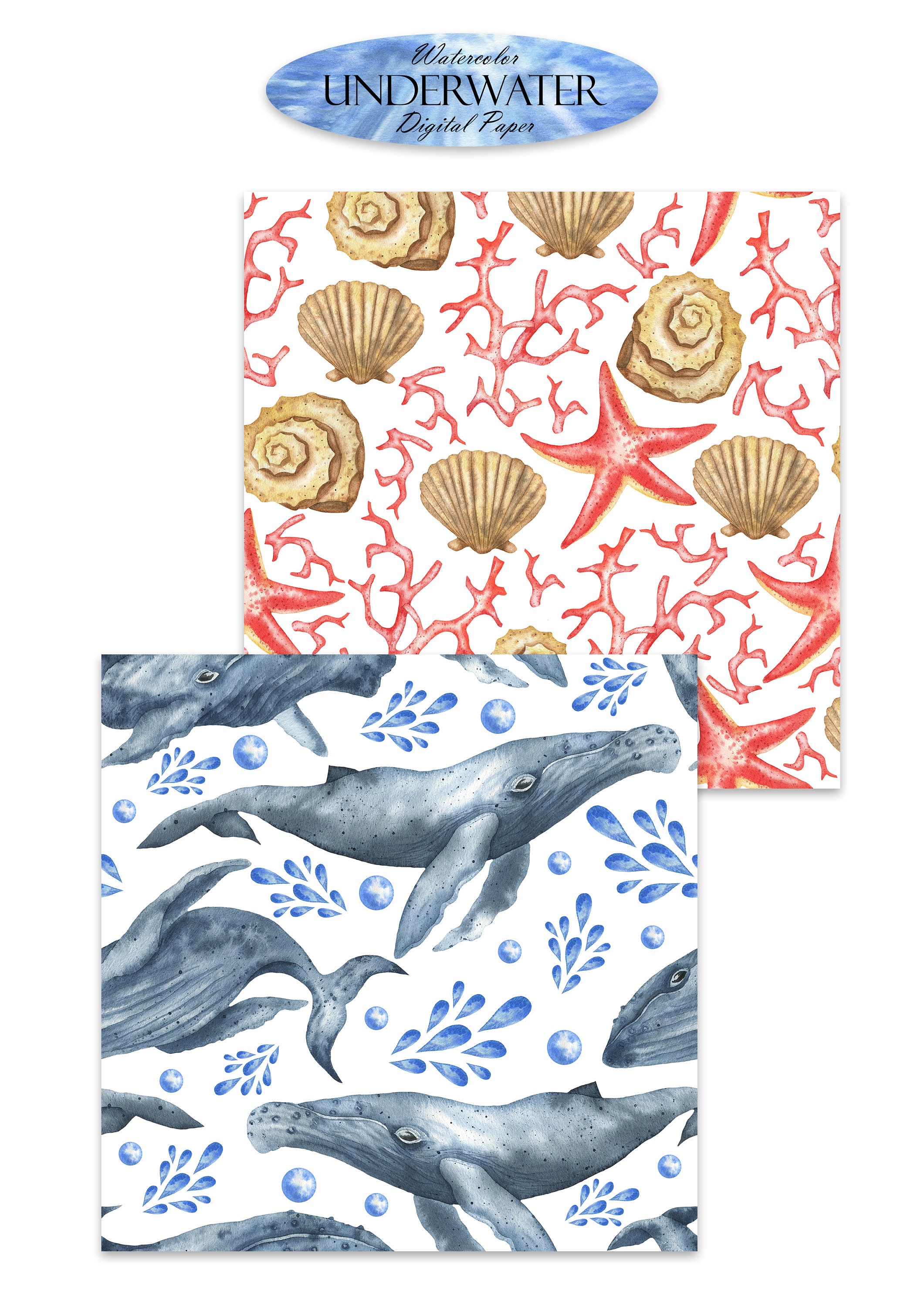 Watercolor Underwater Digital Paper, Whale Digital Paper, Sea Creatures ...