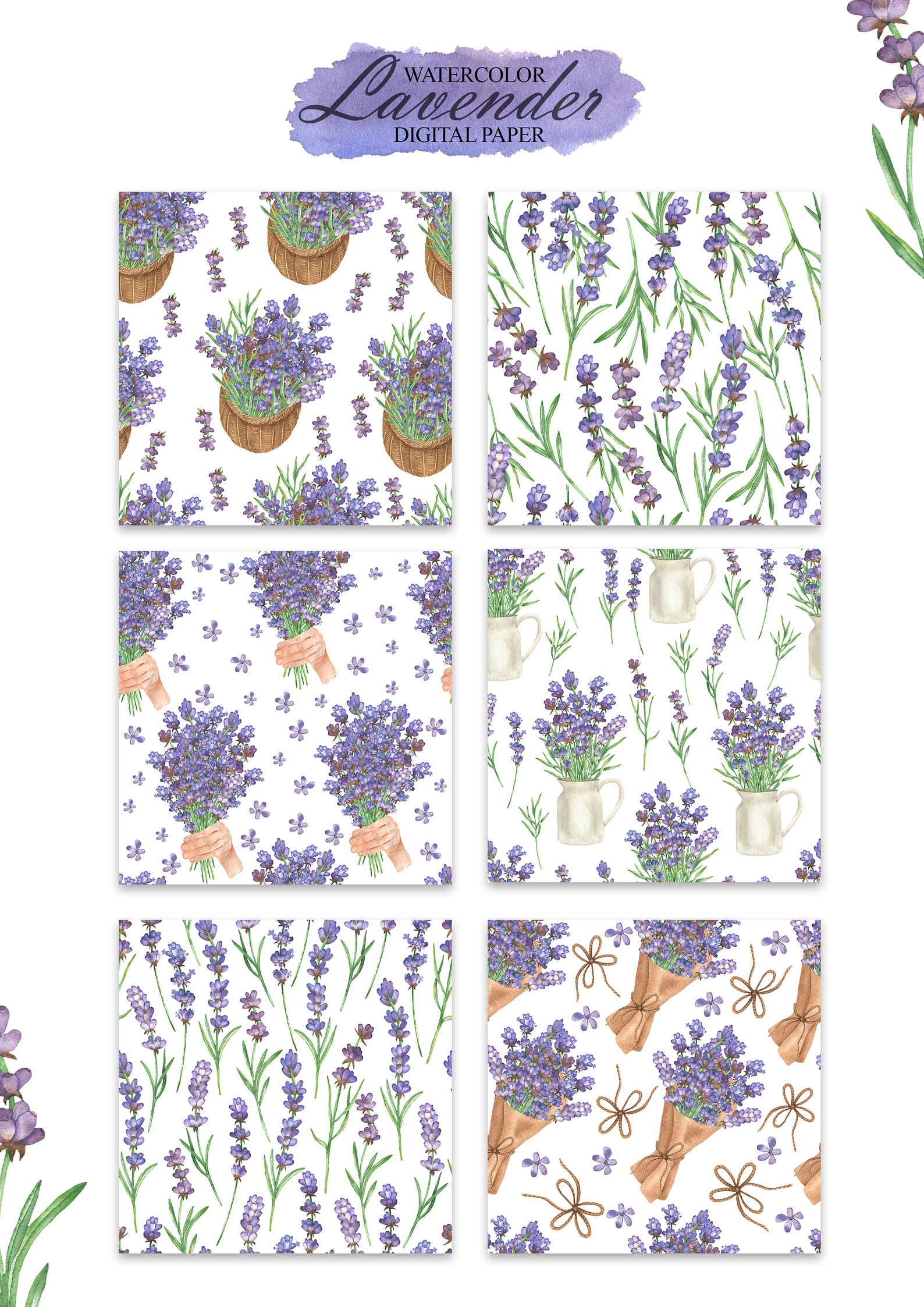 Watercolor Lavender Digital Paper, Lavender Seamless Pattern, Purple ...