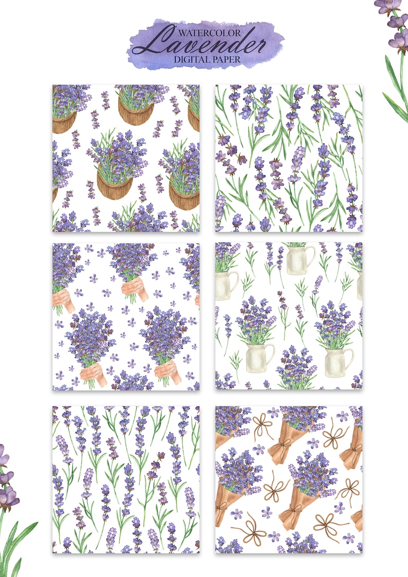 Watercolor Lavender Digital Paper, Lavender Seamless Pattern, Purple ...