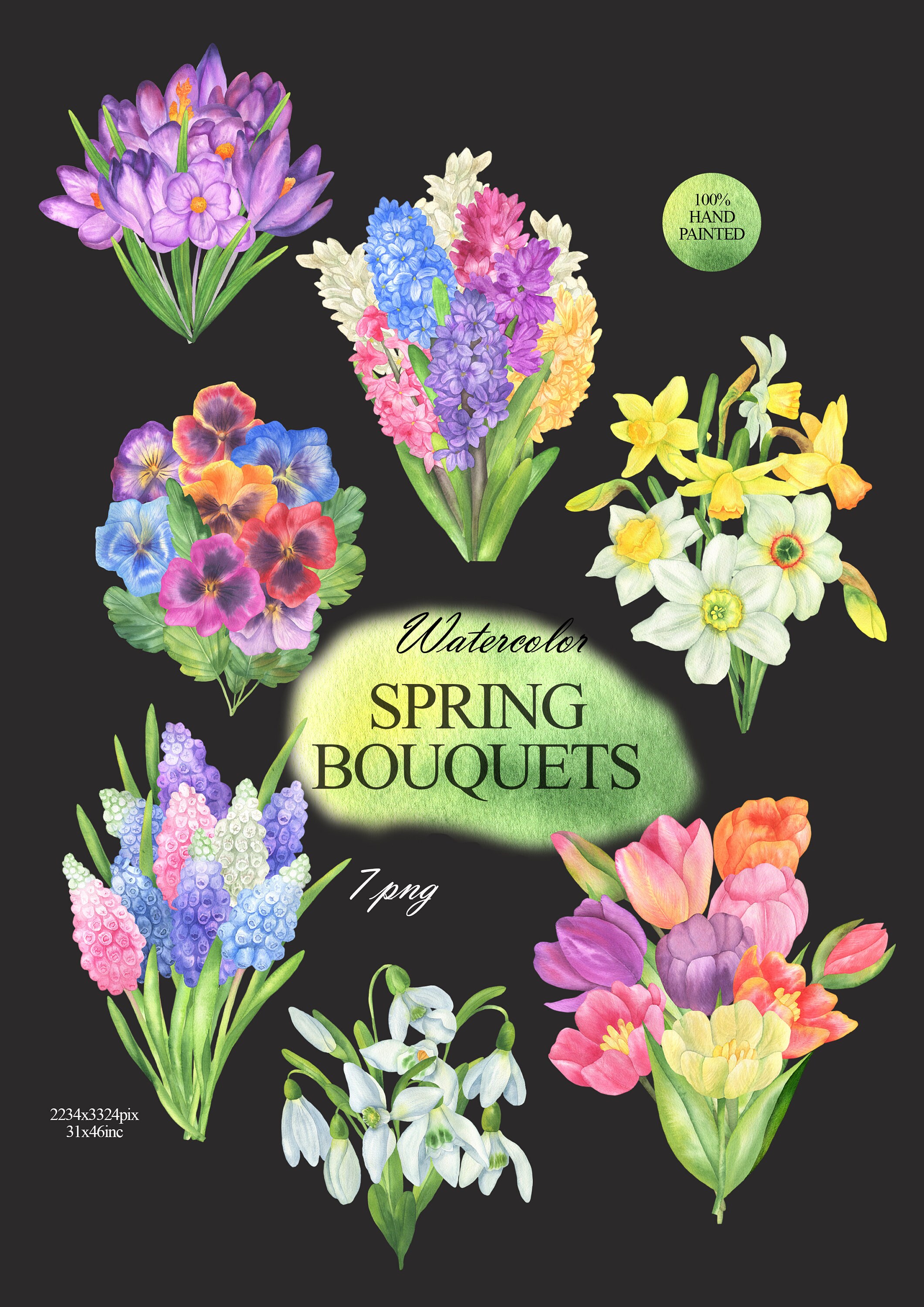 Watercolor Spring Flowers Clipart, Colored Bouquet of Tulips, Daffodils ...