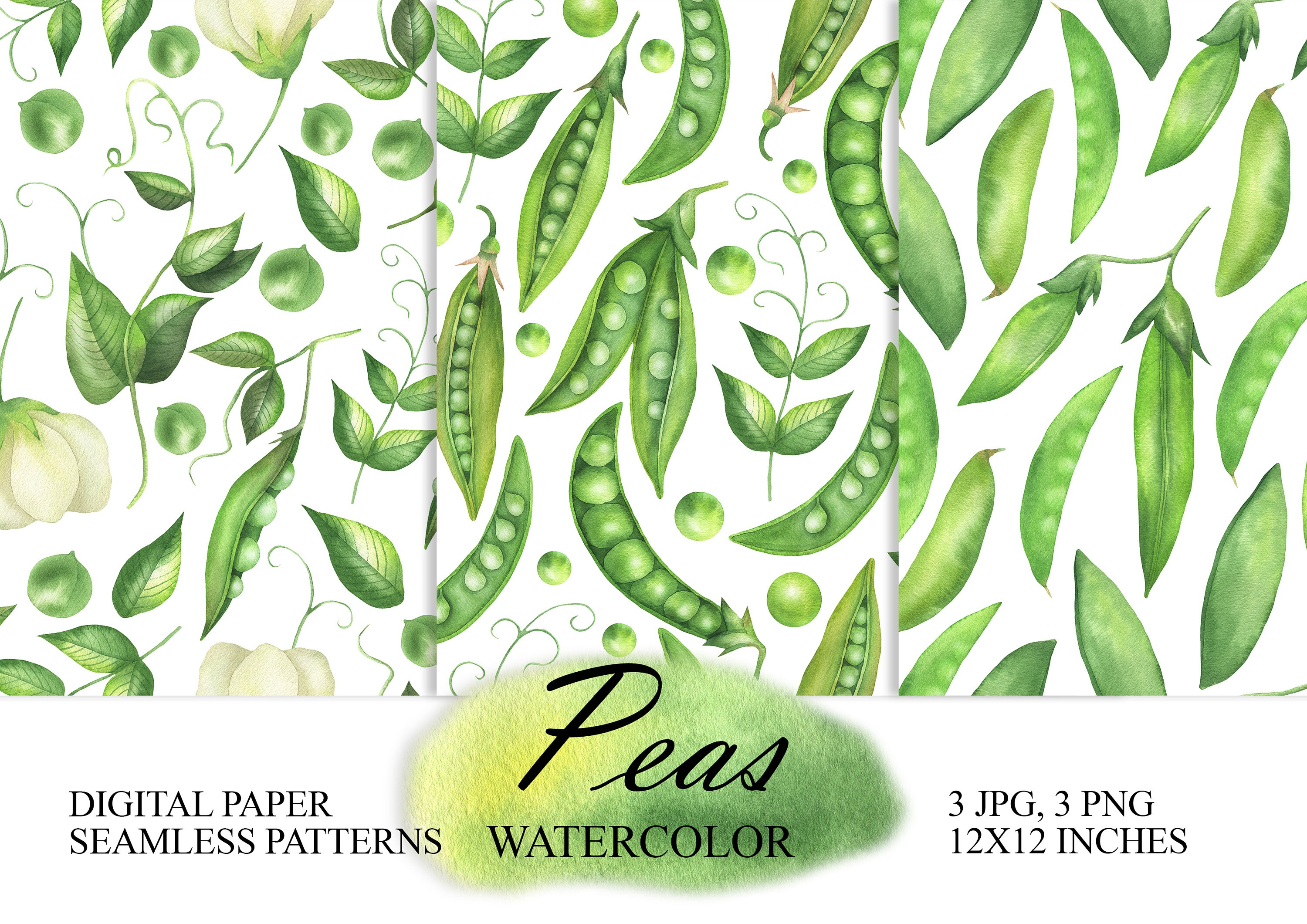 Watercolor Peas Digital Paper, Pea Seamless Pattern Pack, Peas ...