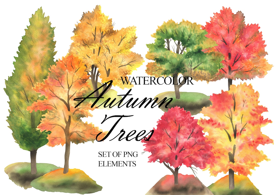 Watercolor Autumn Trees Clipart, Fall Tree Clip Art, Forest Trees ...