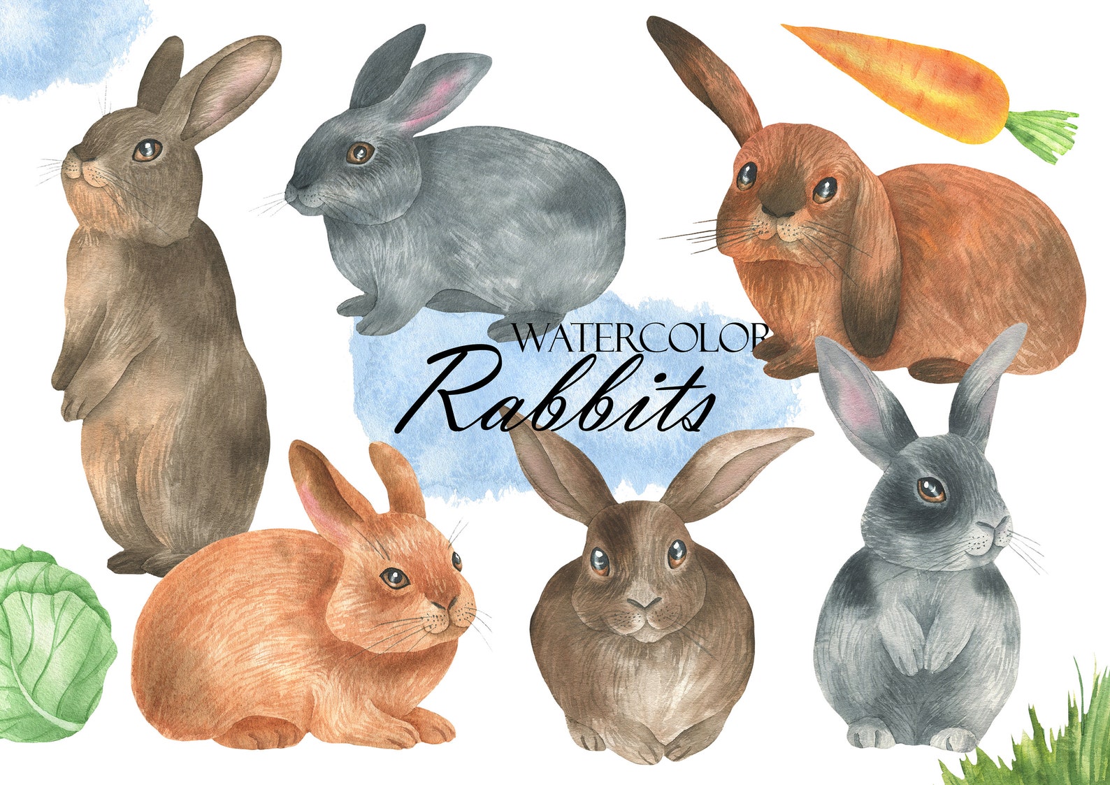 Watercolor Rabbits Clipart, Сolorful Bunnies, Pet Clipart, Easter Bunny ...