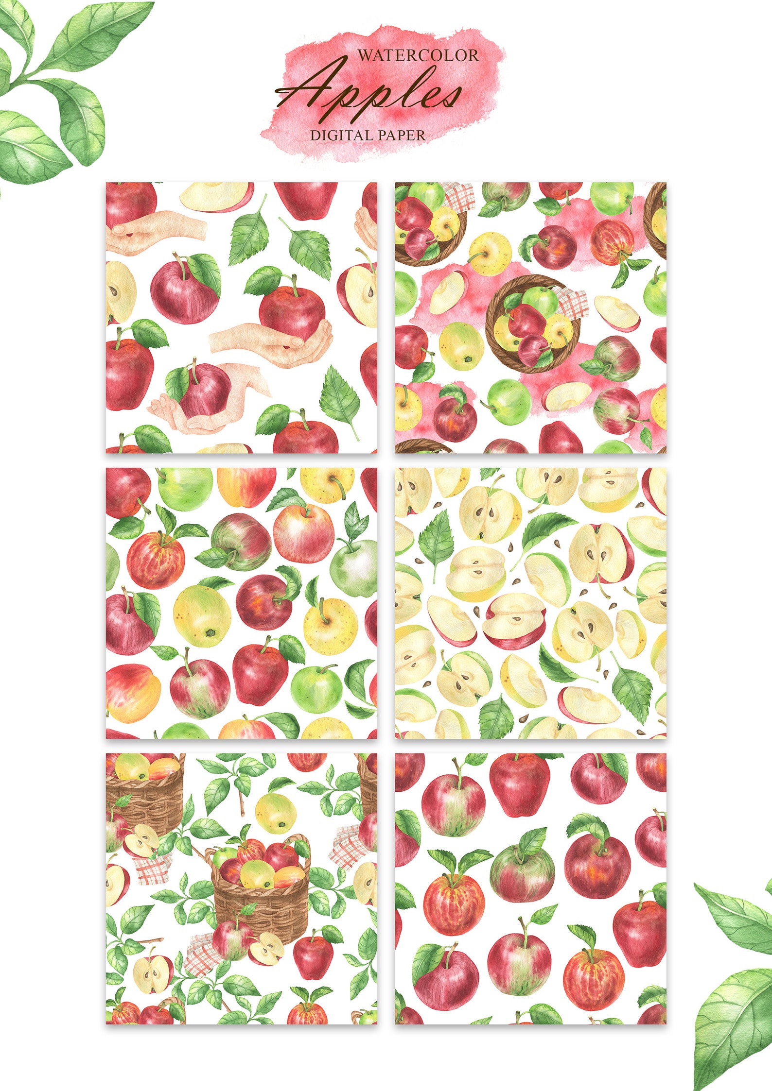 Watercolor Apples Digital Paper Apple Seamless Pattern Fruit | Etsy