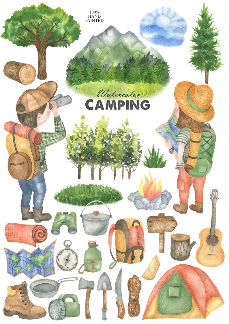 Watercolor Camping Clip Art Travel Clipart Summer Outdoors - Etsy