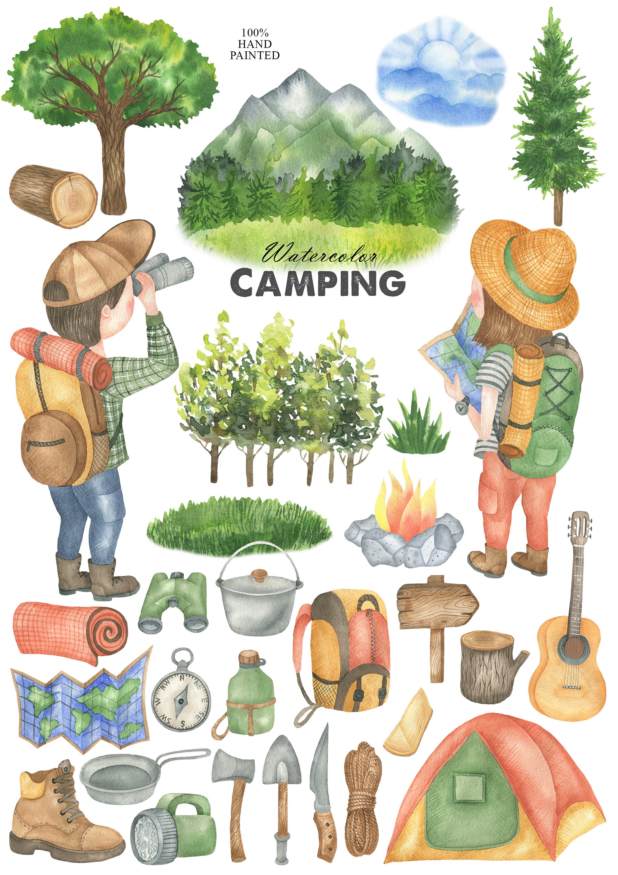 Watercolor Camping Clip Art Travel Clipart Summer Outdoors - Etsy