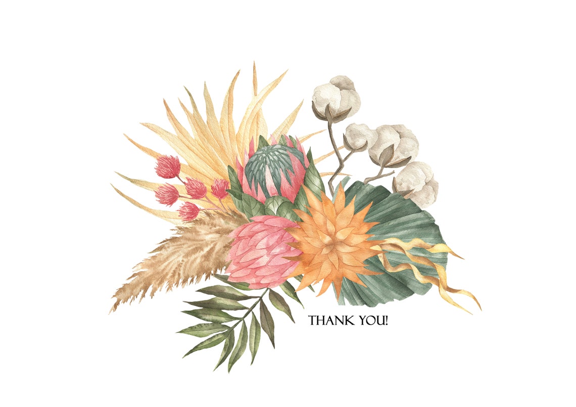 Watercolor Boho Floral Arrangements Clipart, Dried Tropical Flowers and ...