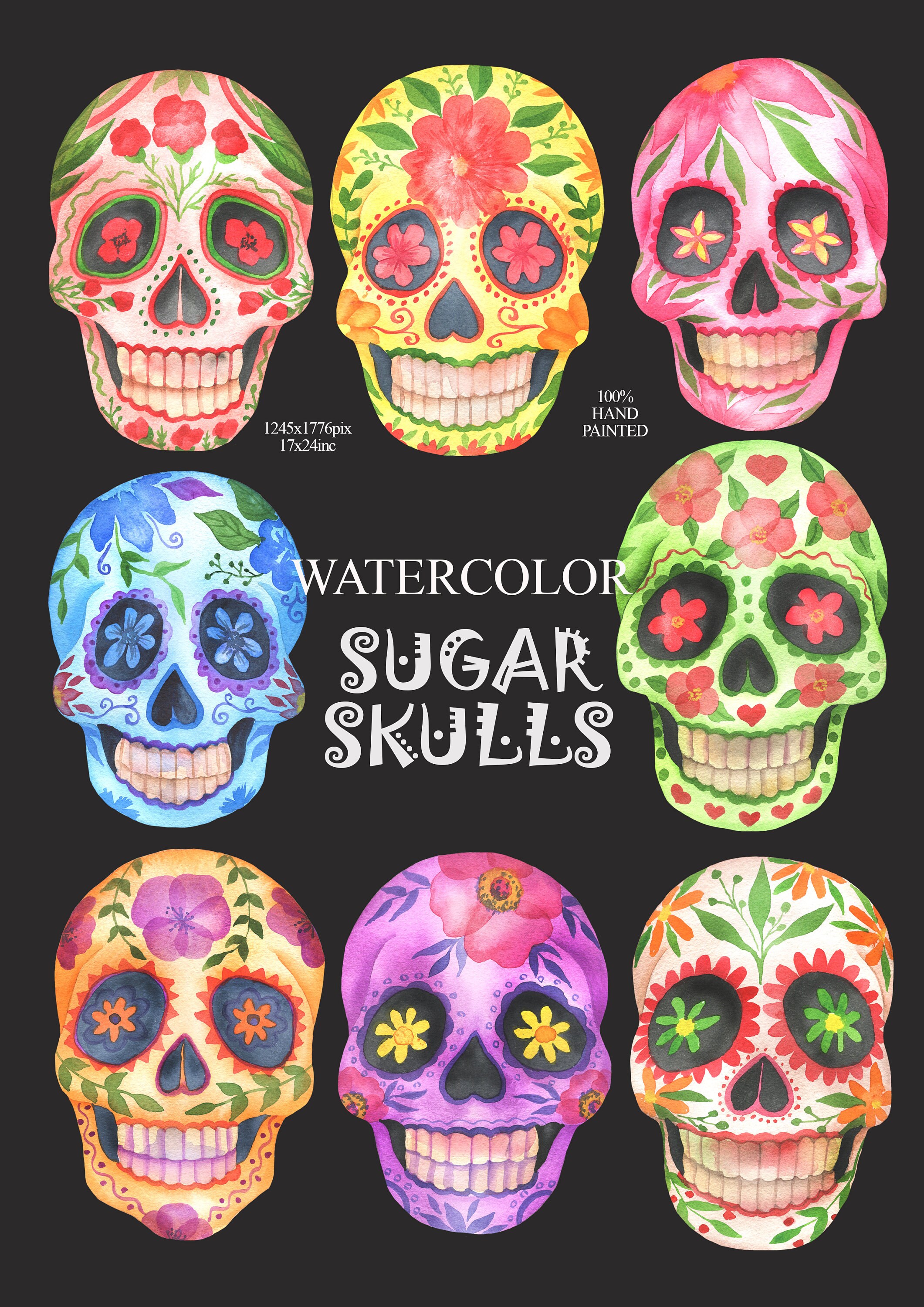 Sugar Skulls Watercolor Clip Art, Day of the Dead, Sugarskull ...