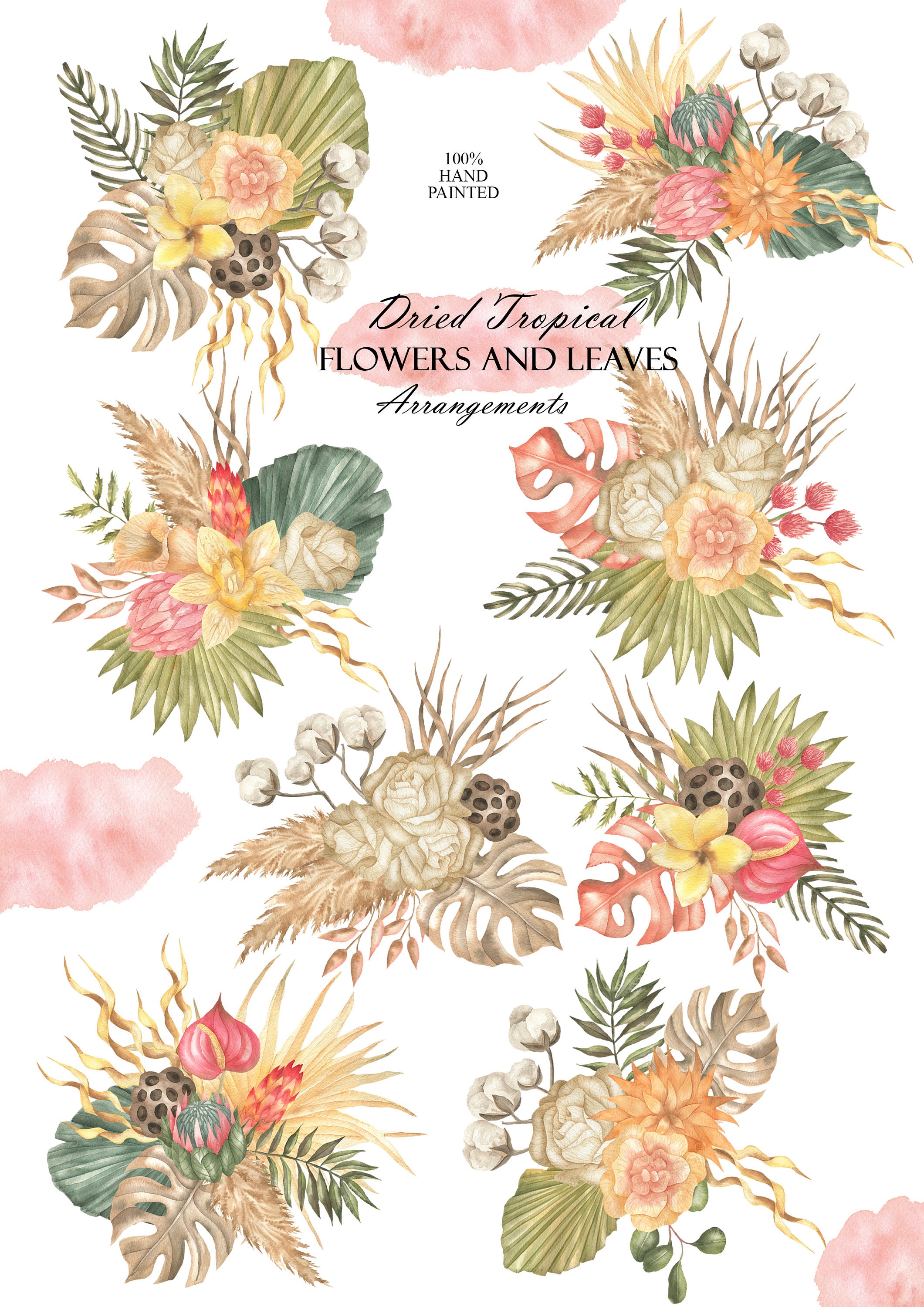 Watercolor Boho Floral Arrangements Clipart, Dried Tropical Flowers and ...