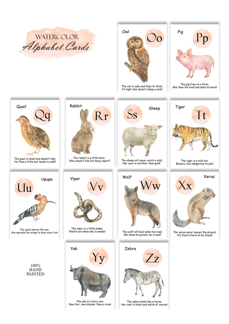 Watercolor Animal Alphabet ABC Card, Learning Letters, Printable ...