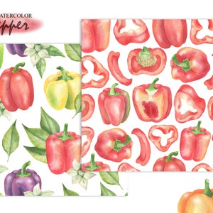Watercolor Pepper Digital Paper, Kitchen Vegetable Peppers Digital ...