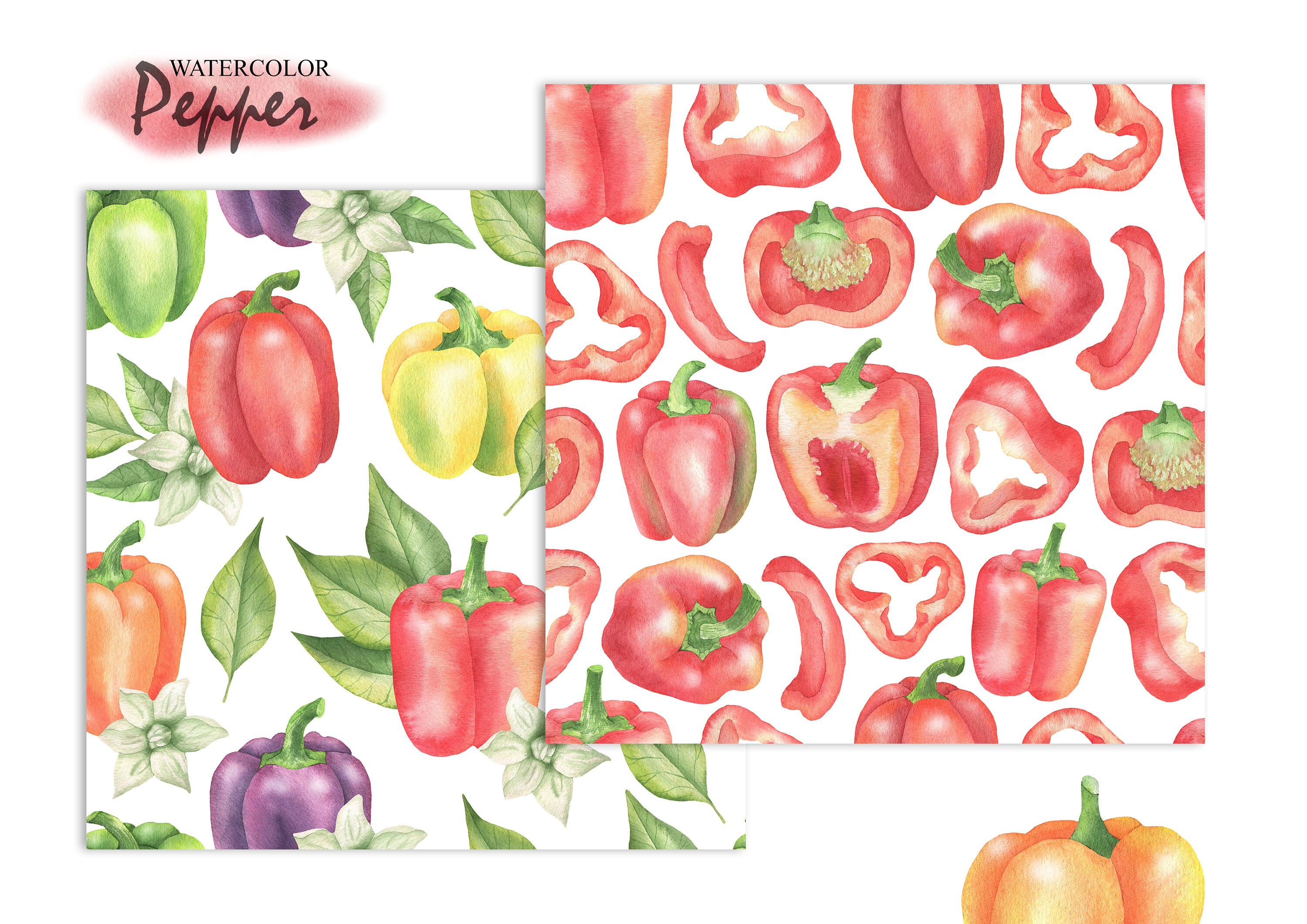 Watercolor Pepper Digital Paper, Seamless Kitchen Vegetable Pattern ...