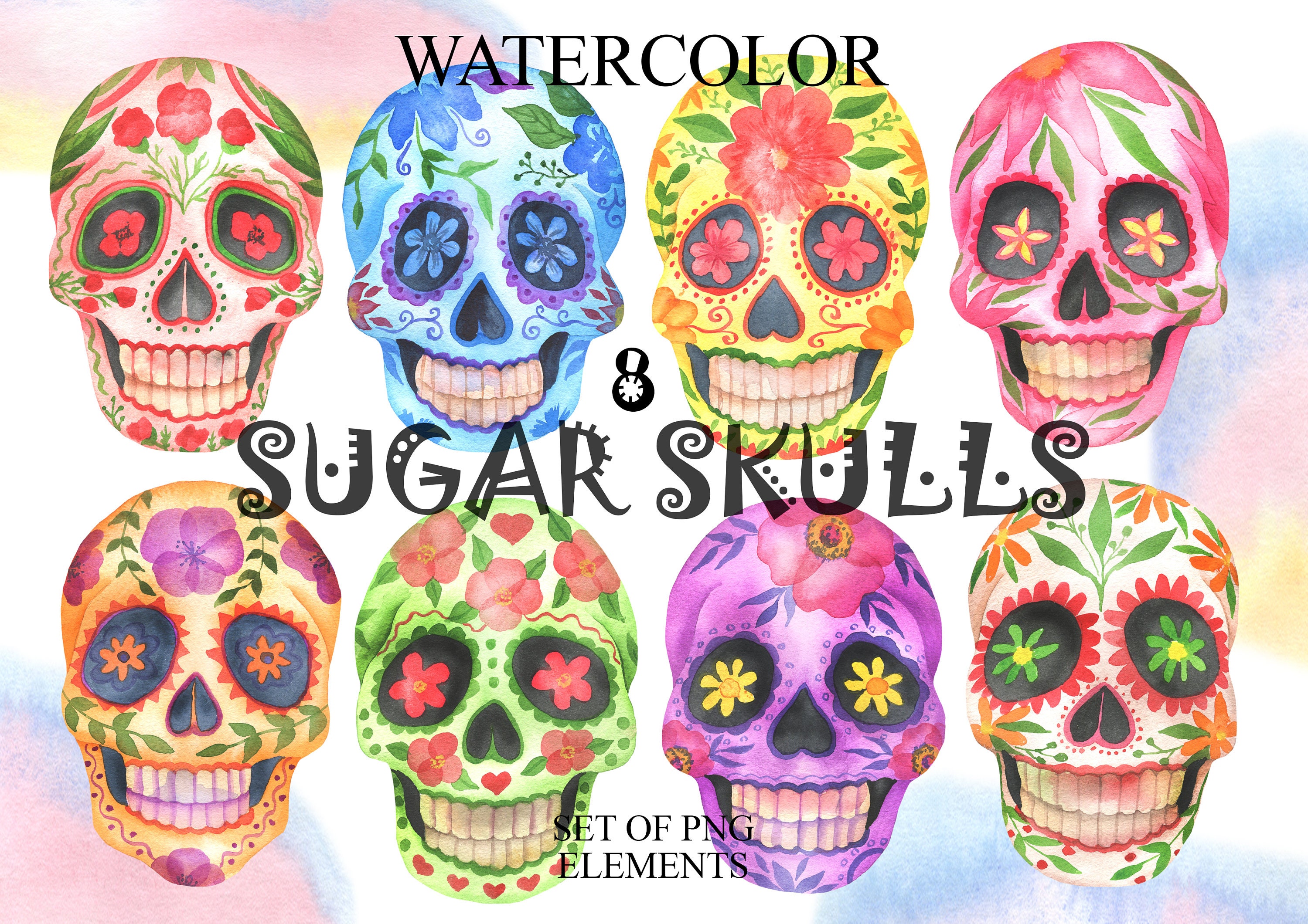 Sugar Skulls Watercolor Clip Art, Day of the Dead, Sugarskull ...